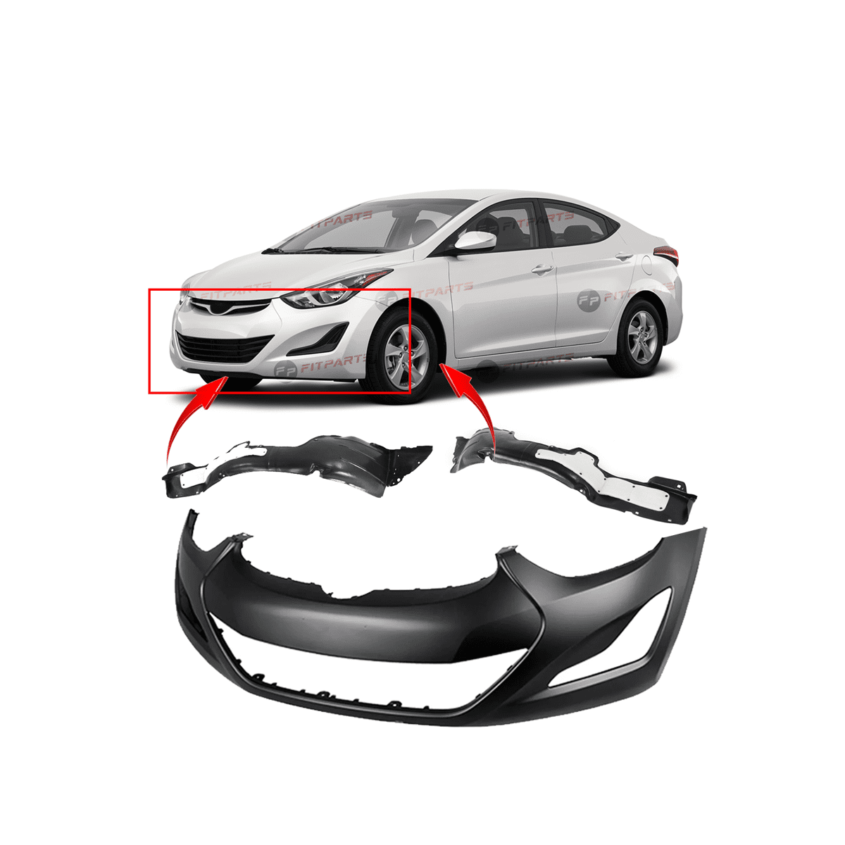 DCP Front Bumper Cover & Fender Liner Kit for Hyundai Elantra 2014-2016 ...