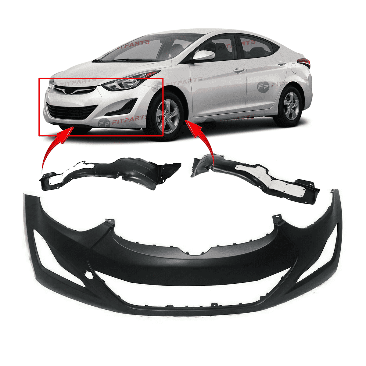 DCP Front Bumper Cover & Fender Liner Kit for Hyundai Elantra 2014-2016 ...
