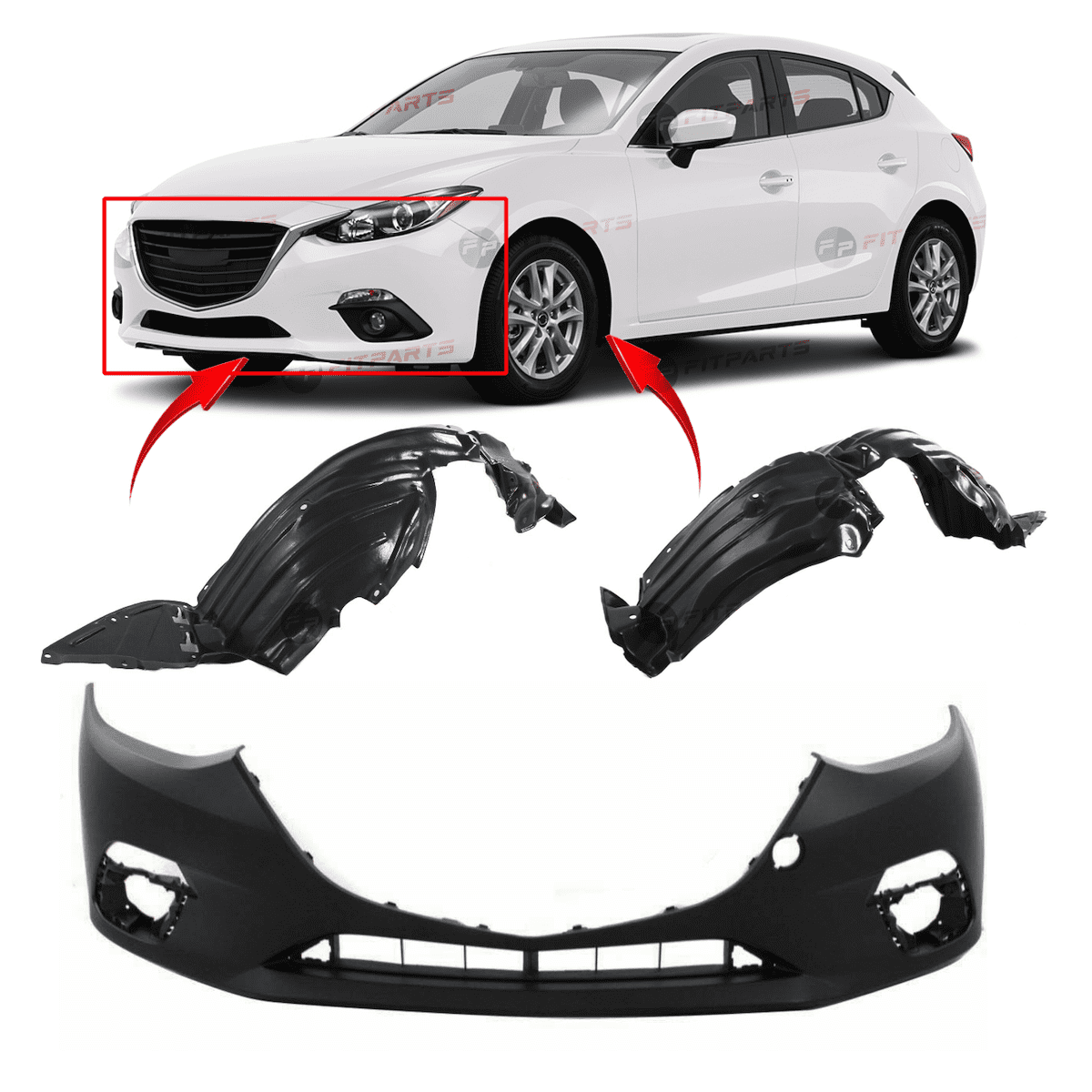 DCP Front Bumper Cover & Fender Liner Kit for Mazda 3 2014-2016 ...