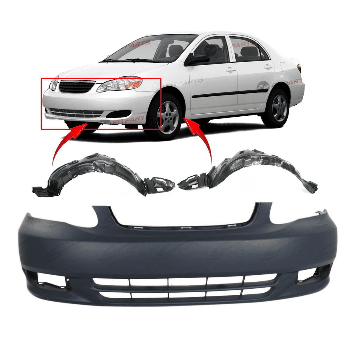 DCP Front Bumper Cover & Fender Liner Kit for Toyota Corolla 2003-2008 ...
