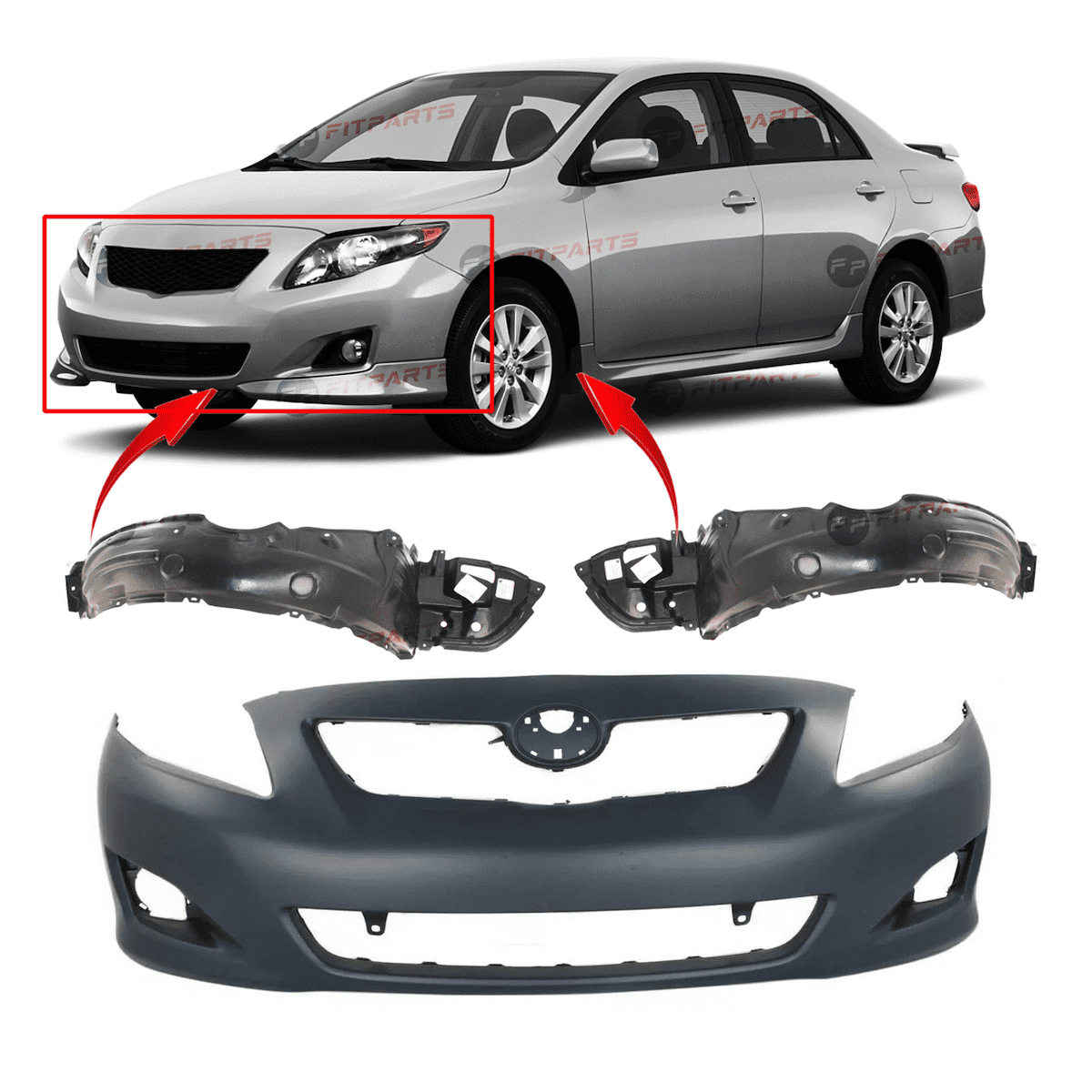 DCP Front Bumper Cover & Fender Liner Kit for Toyota Corolla 2009-2010 ...