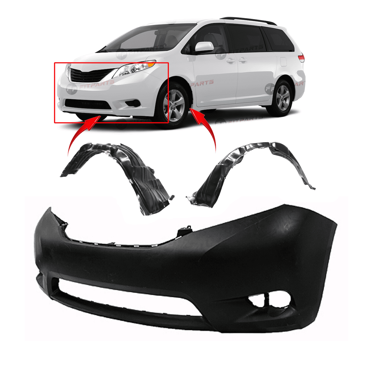 DCP Front Bumper Cover & Fender Liner Kit for Toyota Sienna 2011-2014 ...