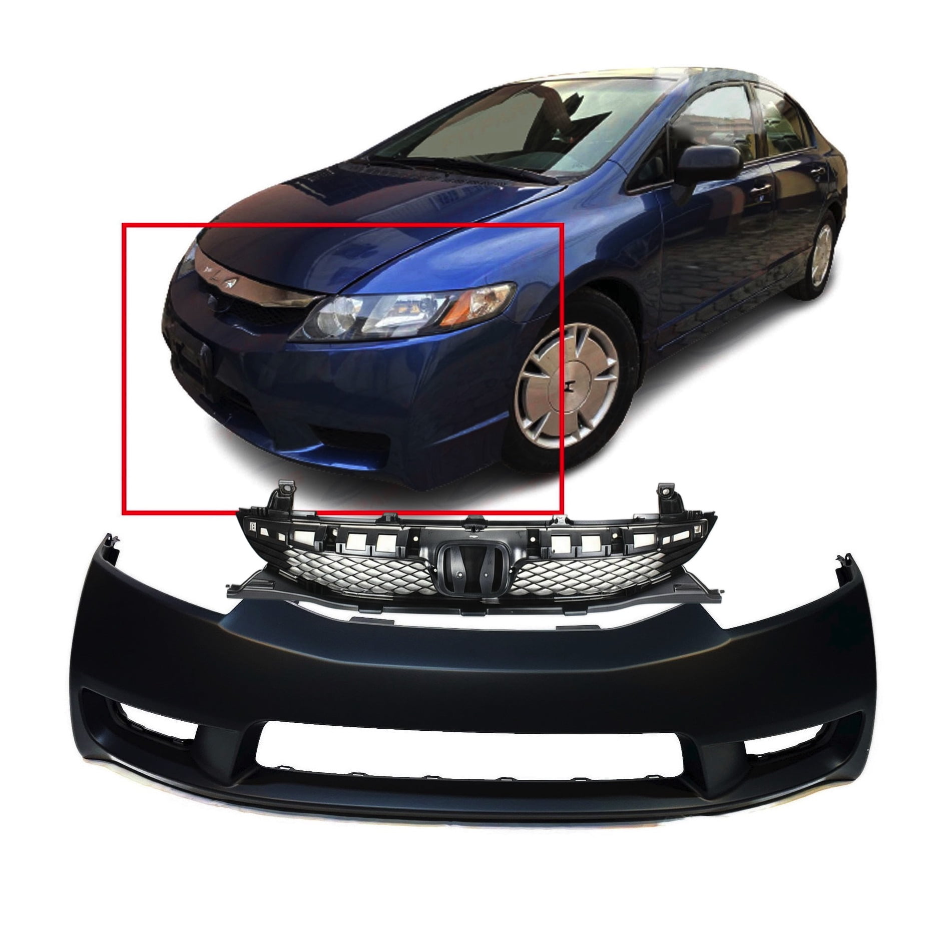 DCP Front Bumper Cover & Grille Kit For Honda Civic 2009-2011 Sedan ...
