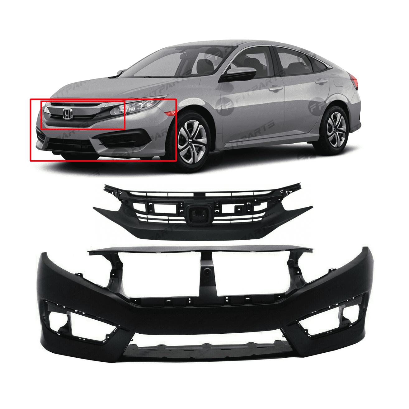 DCP Front Bumper Cover and Grille Kit For Honda Civic 2016-2018 ...
