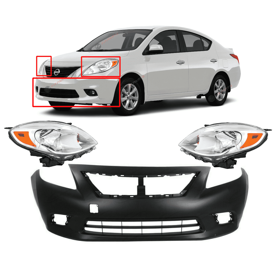 DCP Kit of Front Bumper Cover and LH & RH Headlights Fits Nissan Versa ...