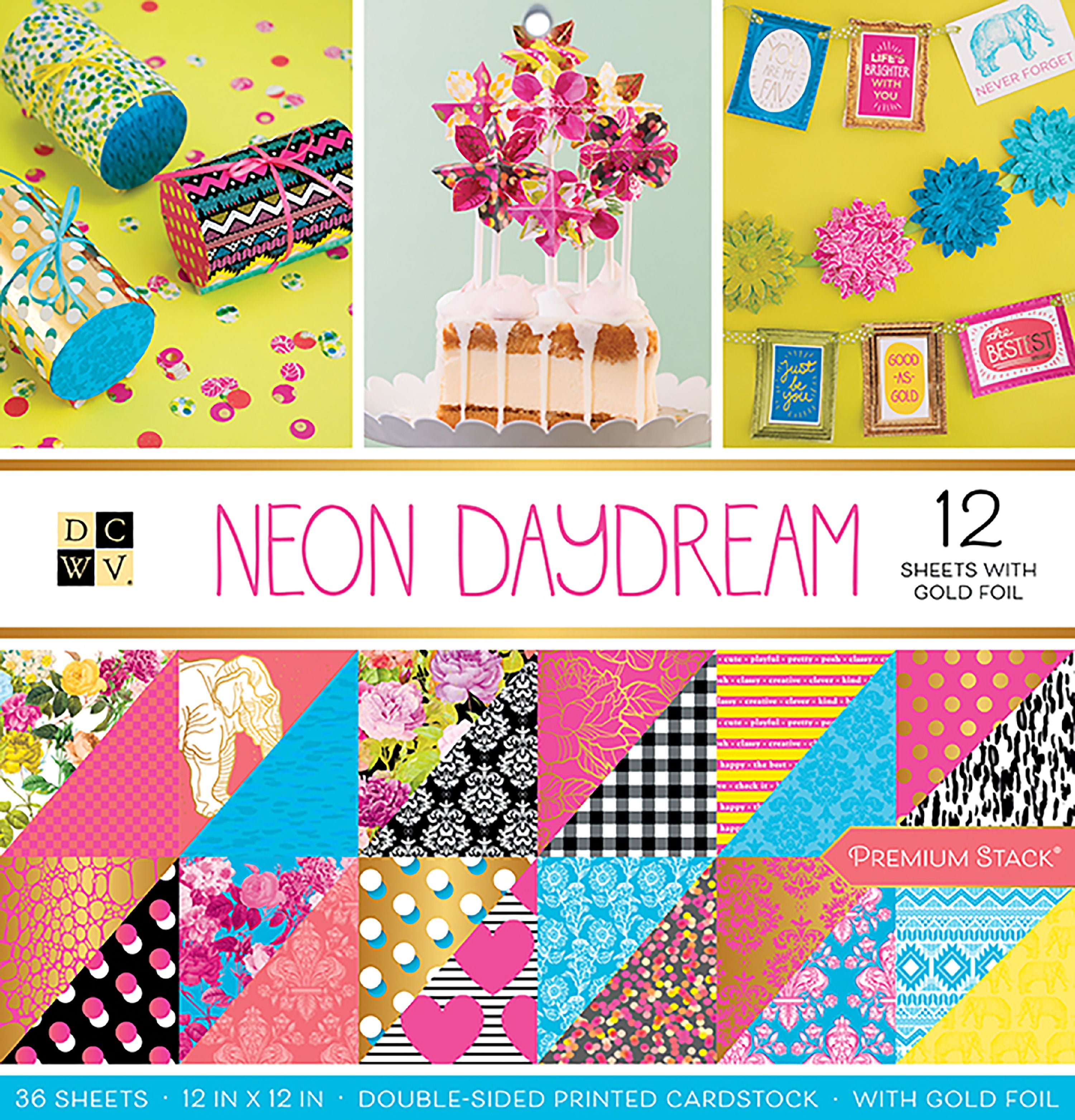 DCWV Double-Sided Cardstock Stack 12"X12" 36/Pkg-Neon Daydream W/Gold ...