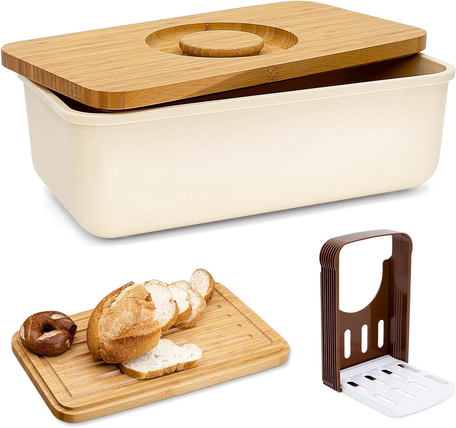 DCX Bread Box With Bamboo Wood Cutting Board Lid & Bread Slicer Holder ...