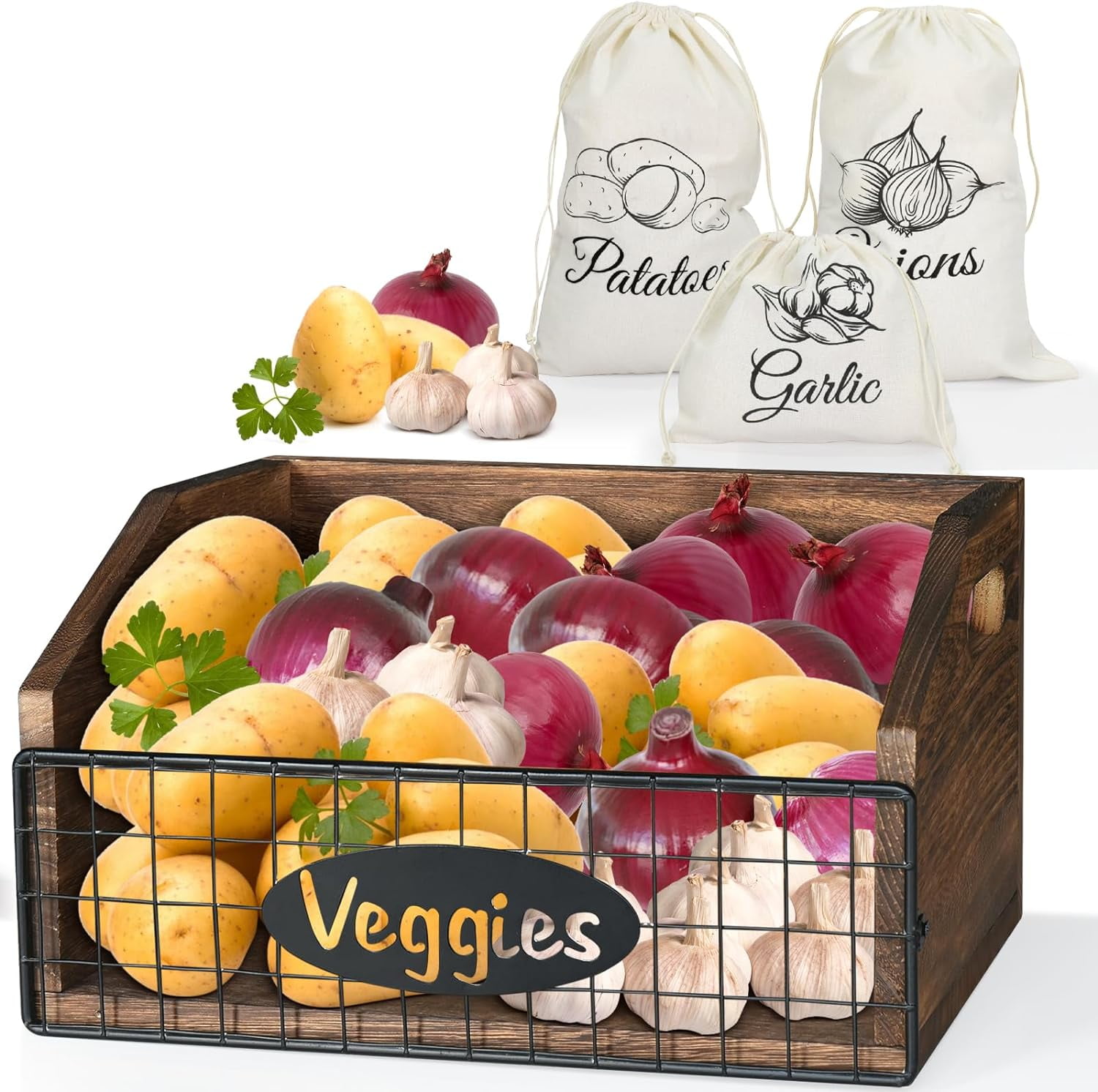 DCX Potato and Onion Storage Bin, Kitchen Wooden Crate with Produce ...