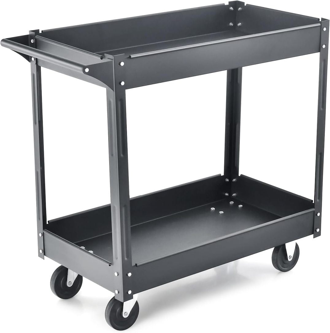 DCYP 2 Tier Tool Cart with Wheels, Heavy Duty Rolling Service Push Cart with 3.5’’ Extra Deep ...