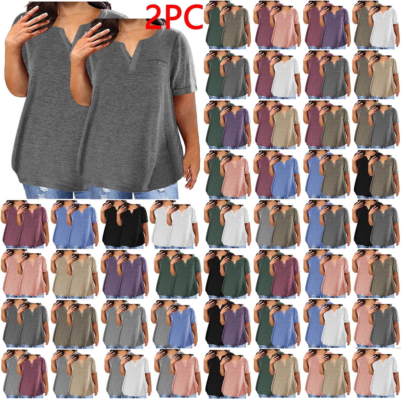 DDAPJ pyju 2 Pack T-shirts for Women Plus Size V Neck Tunic Tops Solid Basic Tees Casual Summer ...