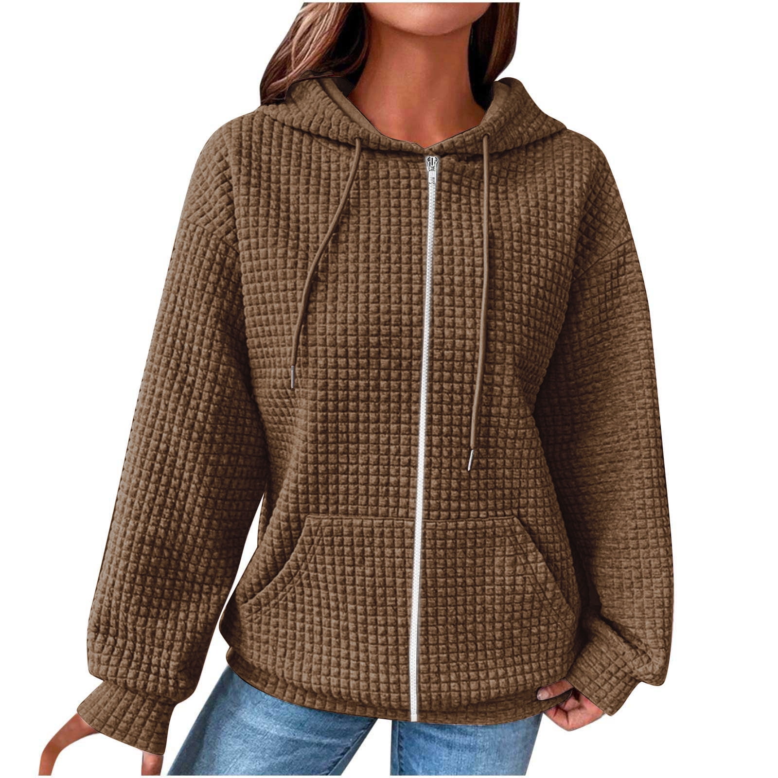 DDAPJ pyju 2023 Clearance Waffle Knit Hoodie for Women,Zip Up Drawstring Hooded Sweatshirt ...