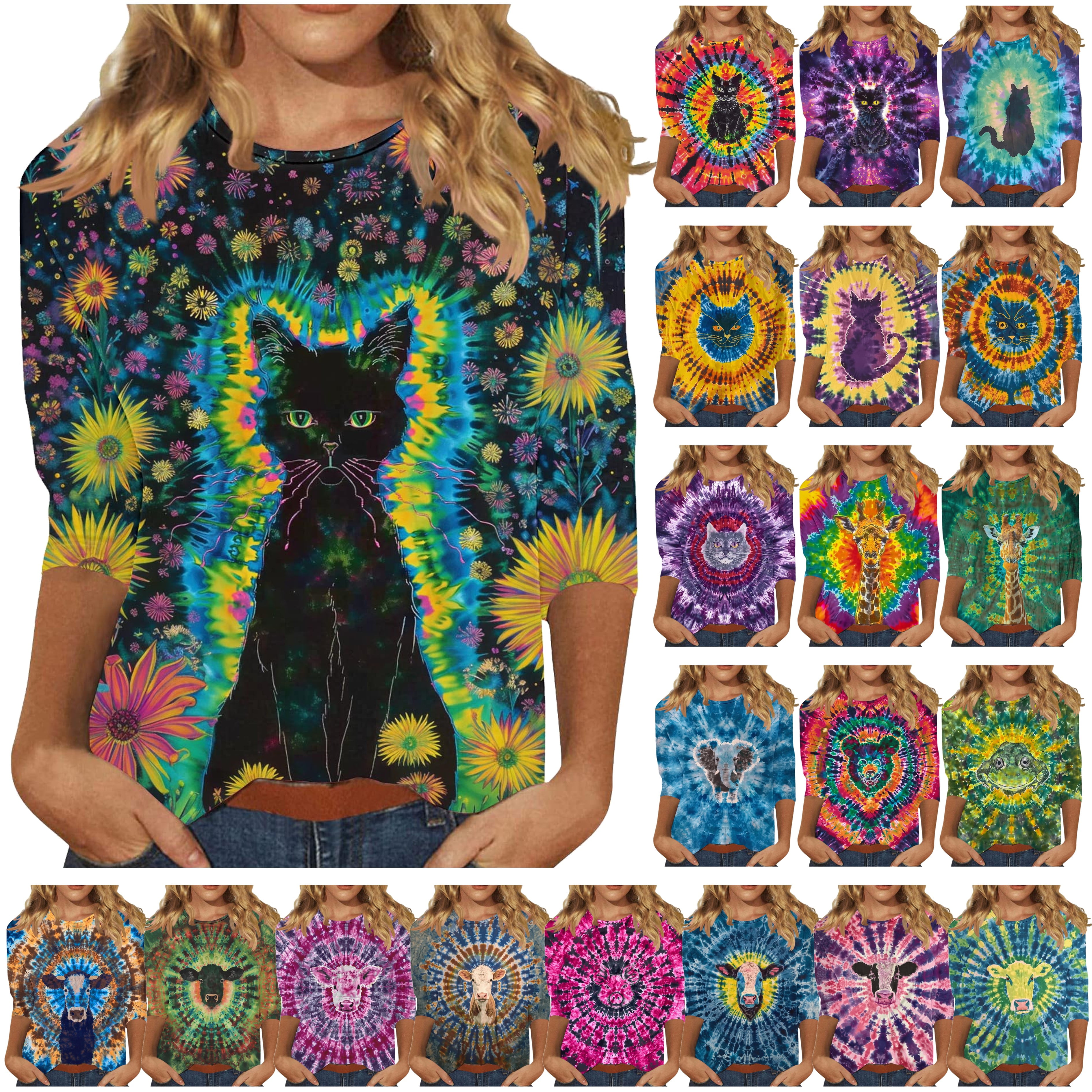 DDAPJ pyju Fashion Tops for Women 3/4 Sleeve Tie Dye Animal Graphic ...