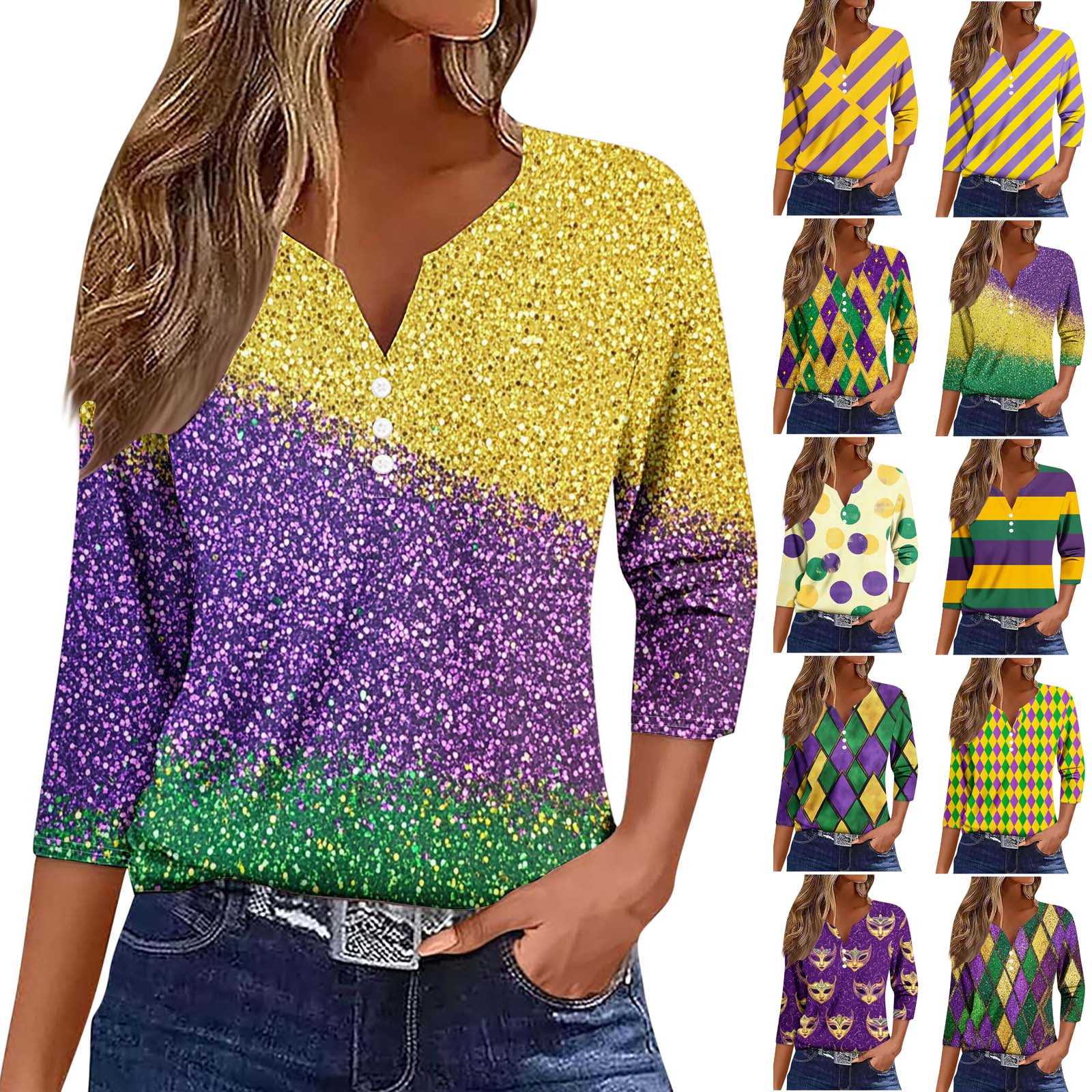 DDAPJ pyju 2025 Mardi Gras Shirt for Women 3/4 Sleeve Tunic Tops ...