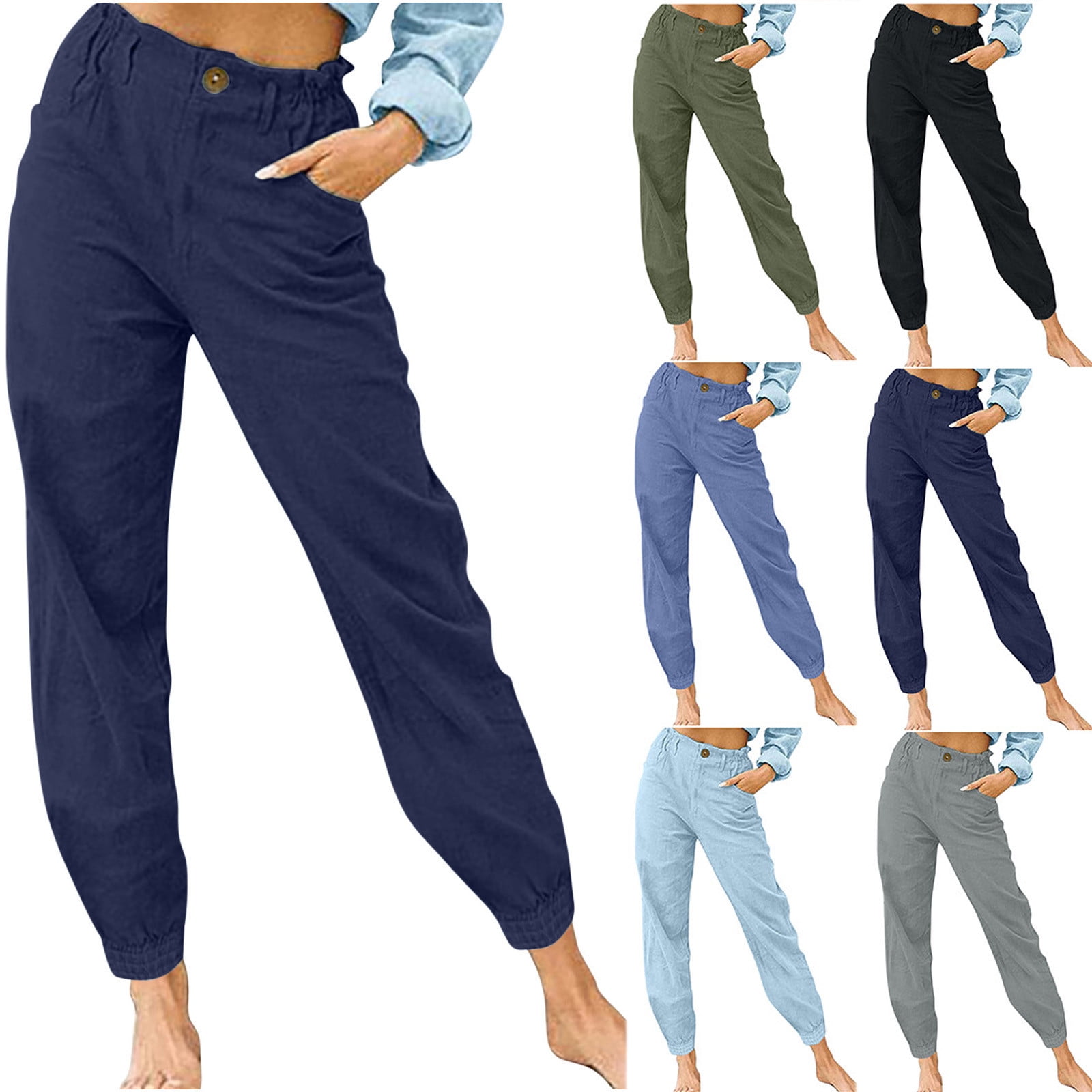 DDAPJ pyju 2025 Summer Linen Pants for Womens Elastic Waist Cinch Bottom Pants Comfy Baggy ...