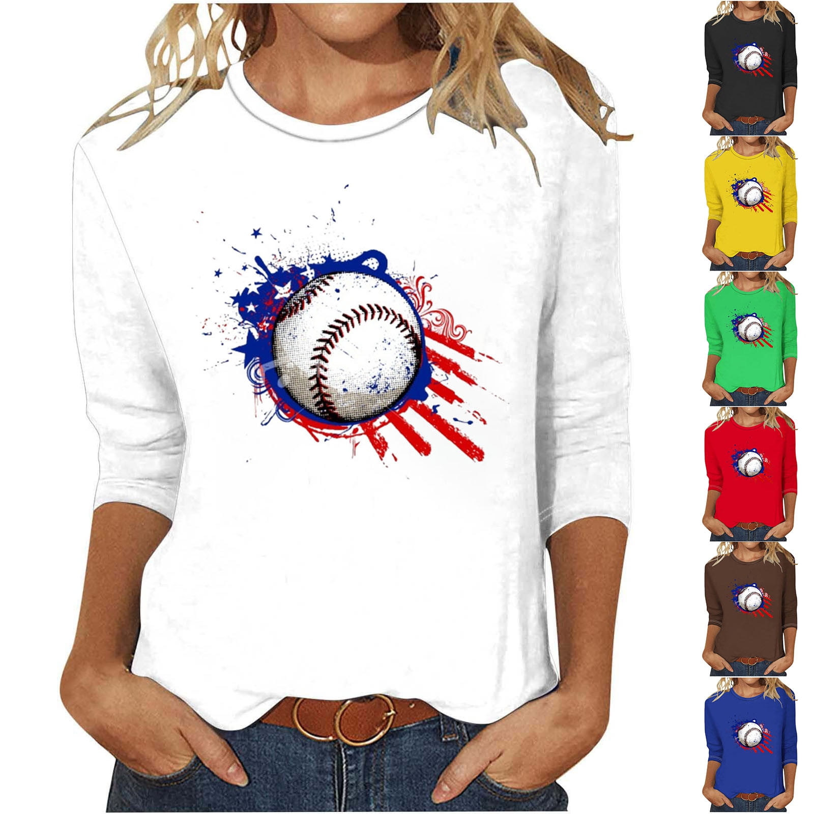 DDAPJ pyju 3/4 Sleeve Tops for Women Baseball Print T-shirts 4th of ...