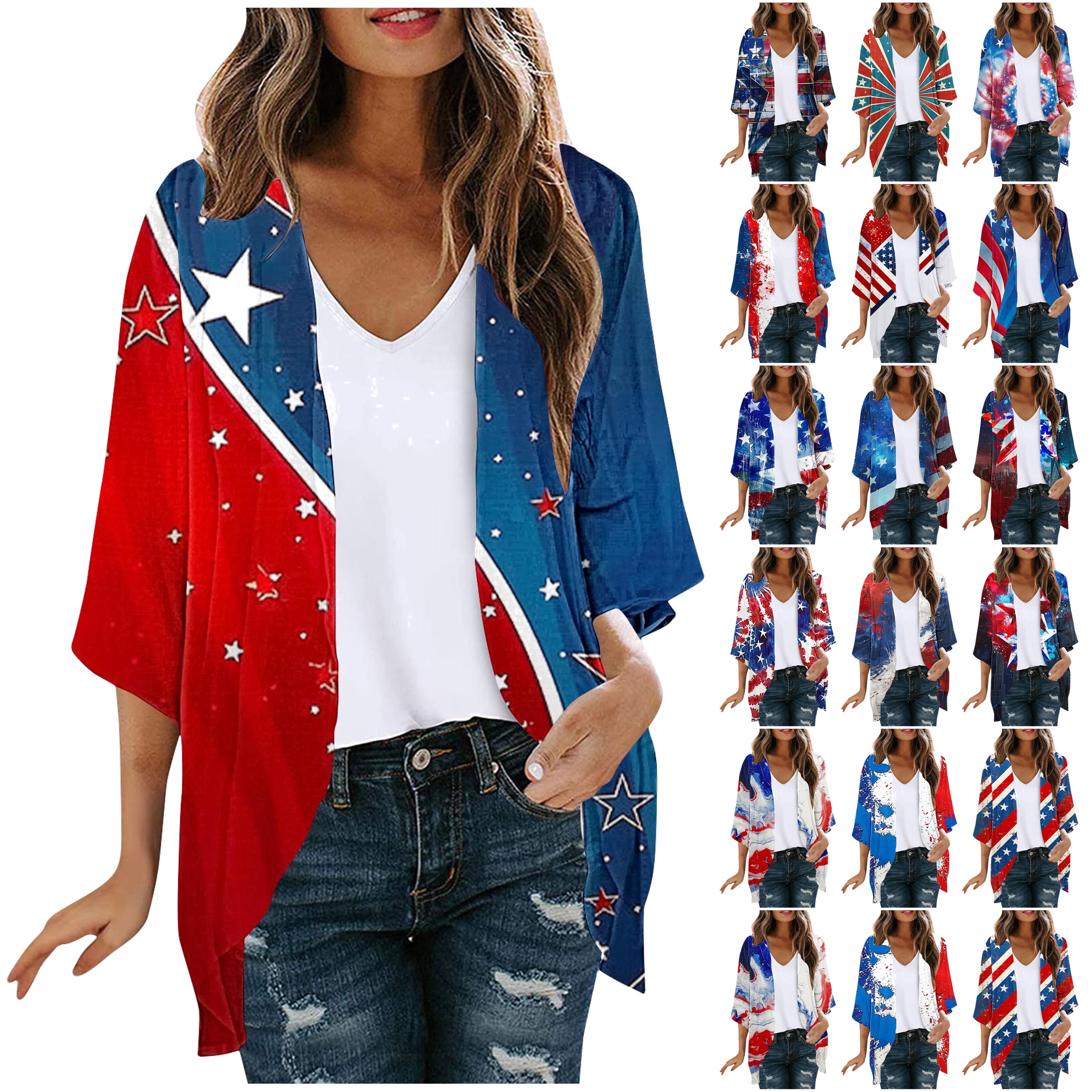 DDAPJ pyju 4th of July Patriotic Cardigans for Women 3/4 Sleeve Draped ...