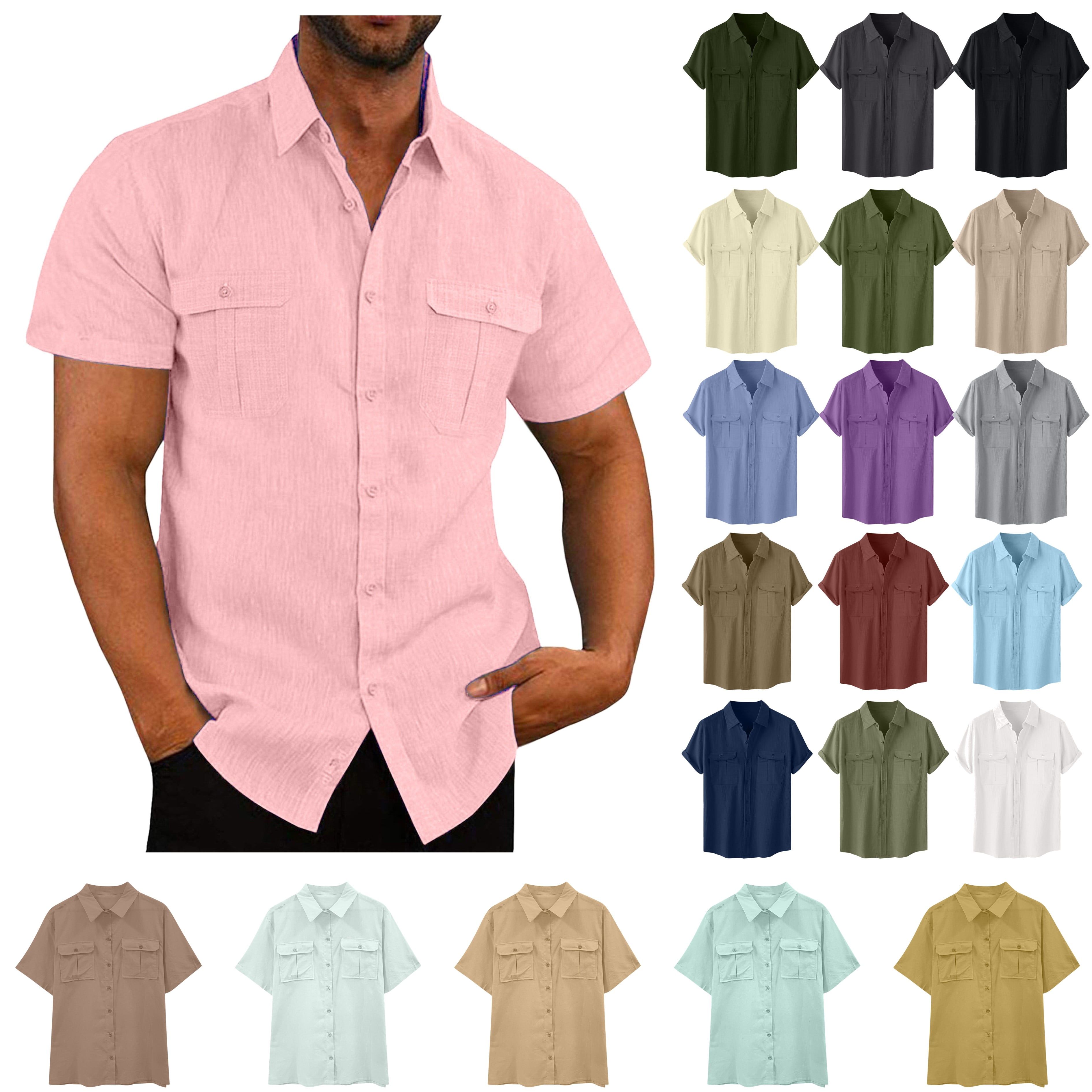 DDAPJ pyju Big and Tall Button Down Shirts Men's Short Sleeve Cargo Shirt Cotton Linen Casual ...