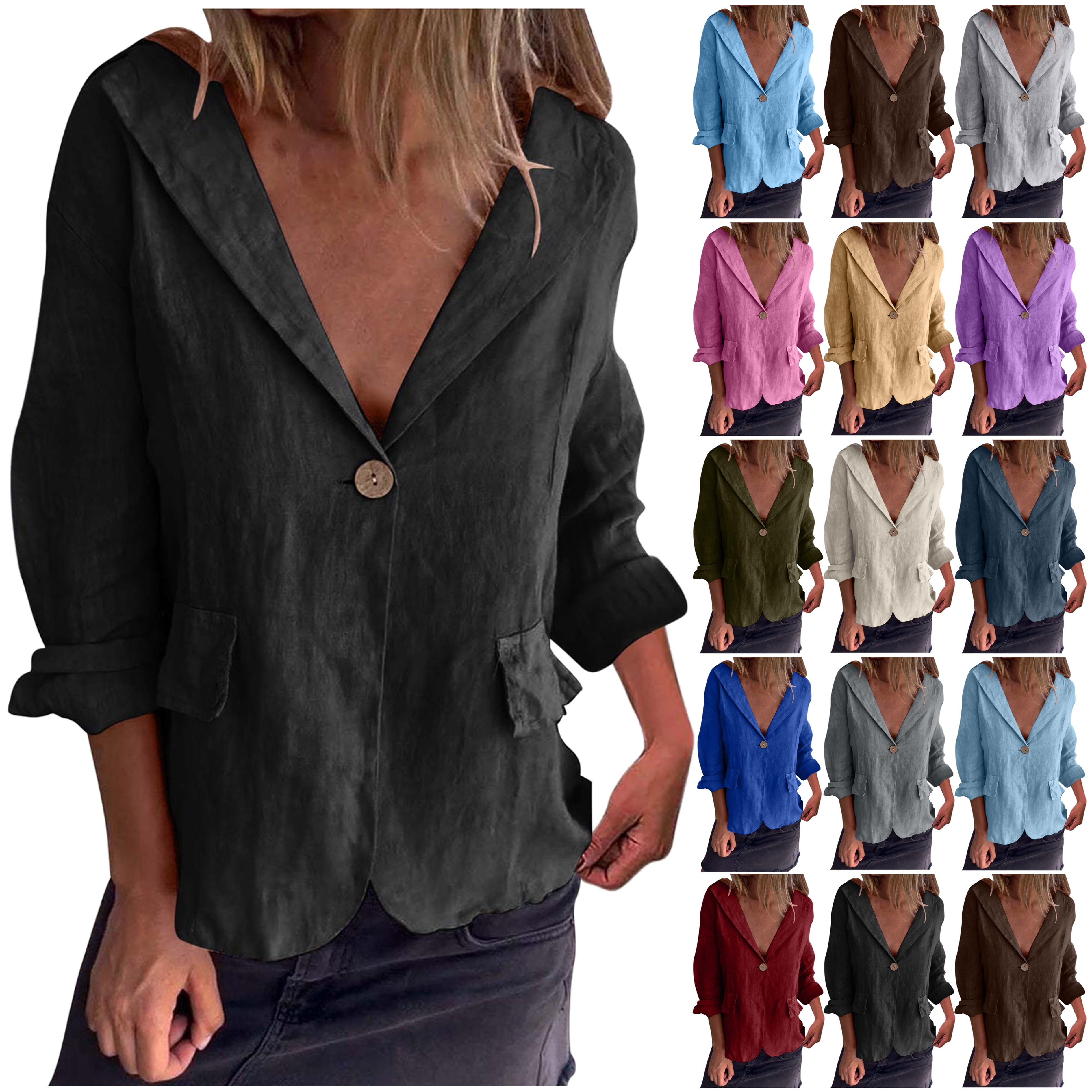 DDAPJ pyju Blazers for Women Cotton Linen Lightweight Business Casual Jackets One Button Long ...