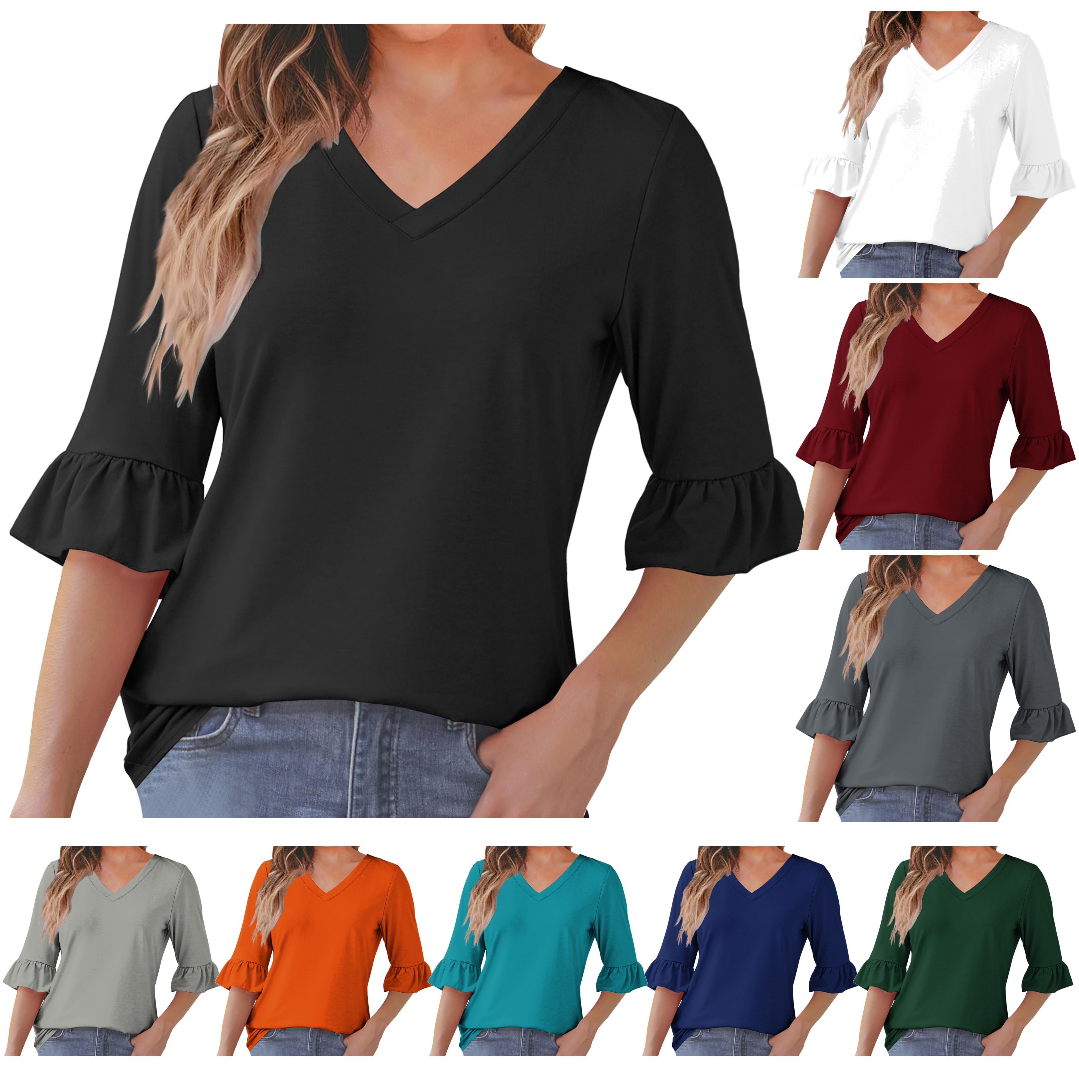 DDAPJ pyju Blouses for Women Dressy Casual 3/4 Length Bell Sleeve Tops ...