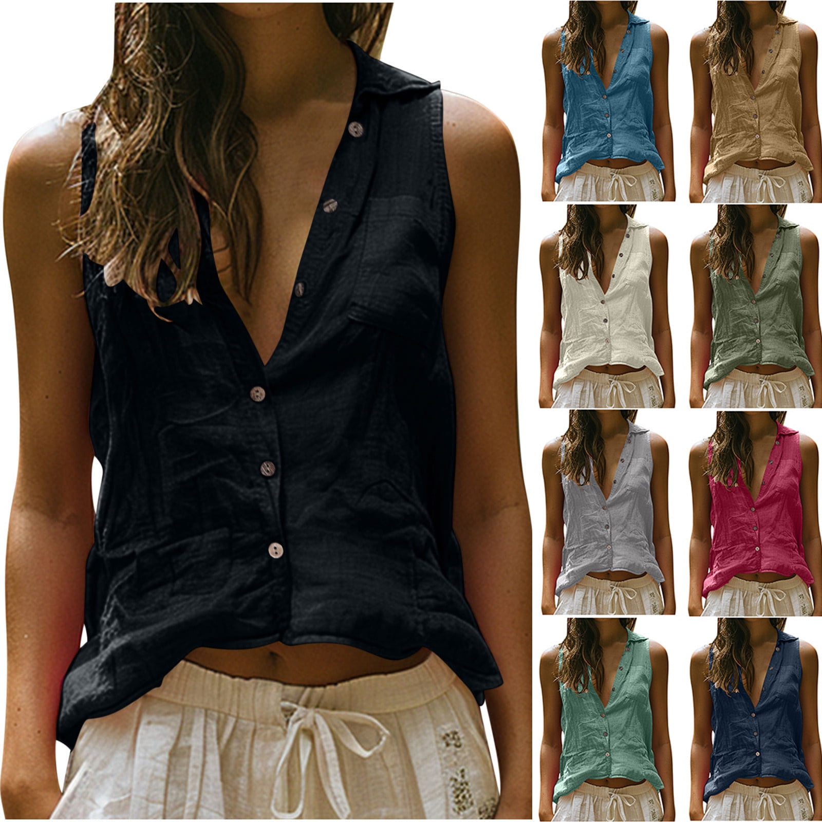 DDAPJ pyju Boho Tank Tops for Women V Neck Sleeveless Button Down ...