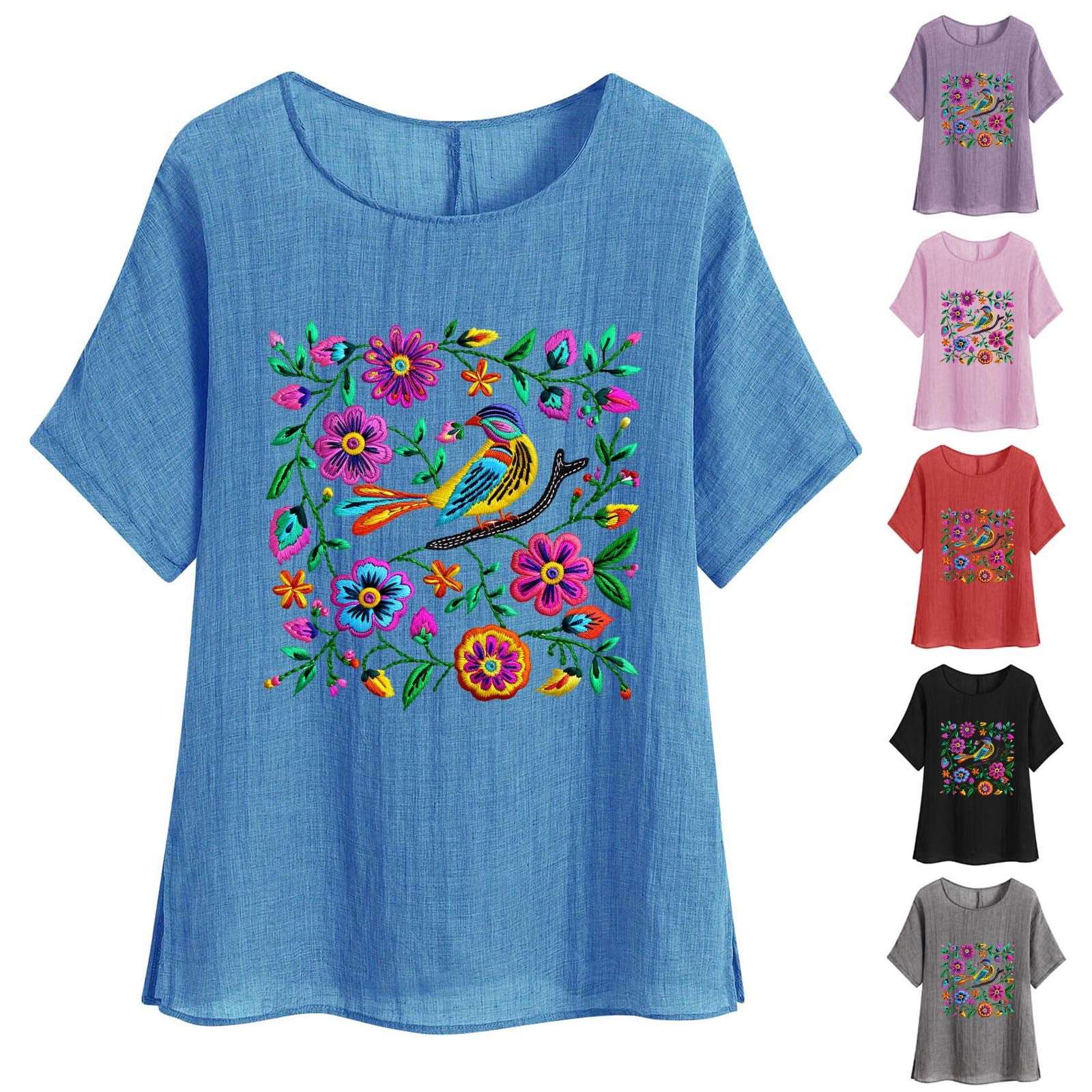 DDAPJ pyju Boho Tops for Women Summer Cotton Linen T-shirt Colorful ...