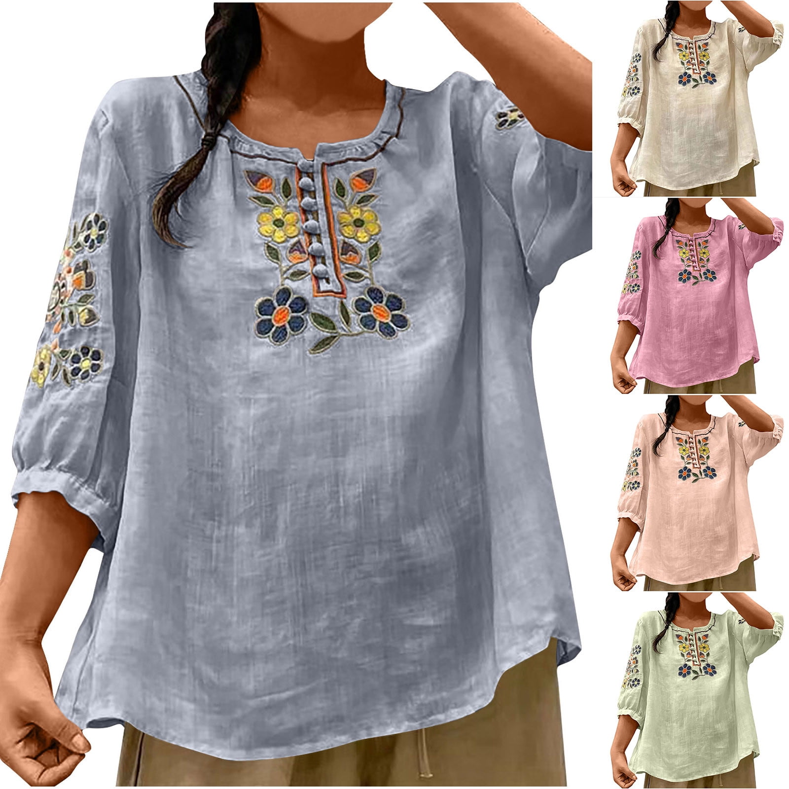 DDAPJ pyju Boho Tops for Women 3/4 Sleeve Henley Shirt Vintage Floral ...