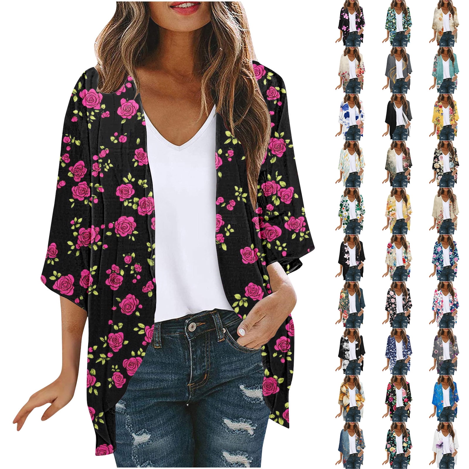 DDAPJ pyju Cardigans for Women 2025 Trendy Floral Print 3/4 Sleeve ...