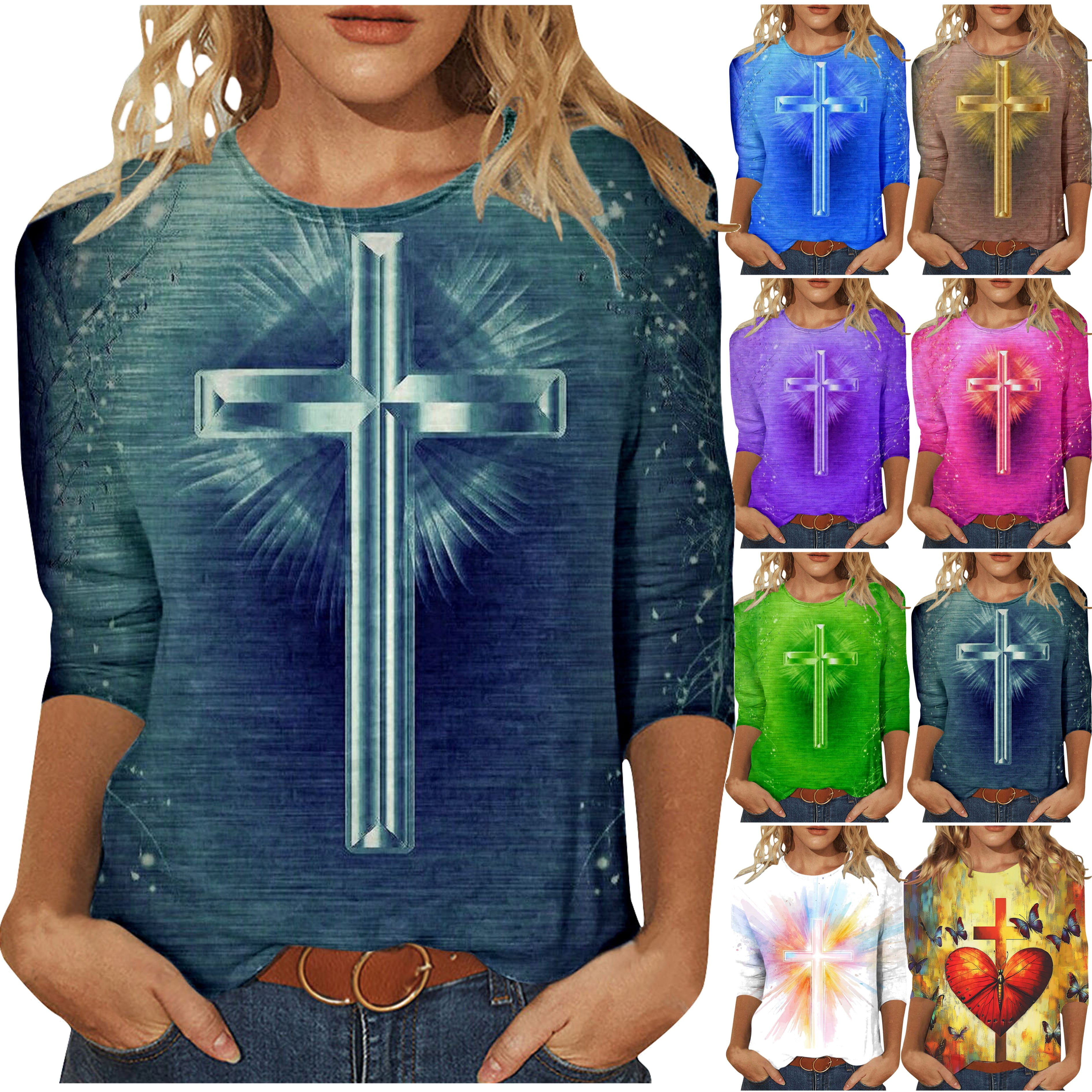DDAPJ pyju Christian T-Shirt Women 3/4 Sleeve Crewneck Tops Jesus Cross ...