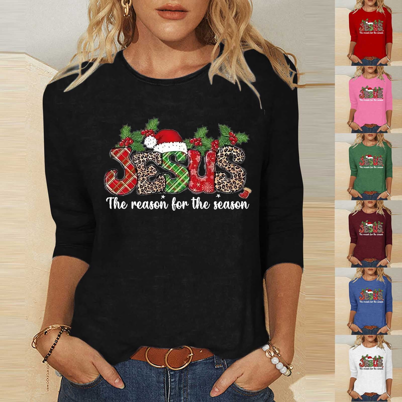DDAPJ pyju Christmas Shirts for Women Xmas Jesus Print 3/4 Sleeve Tops ...