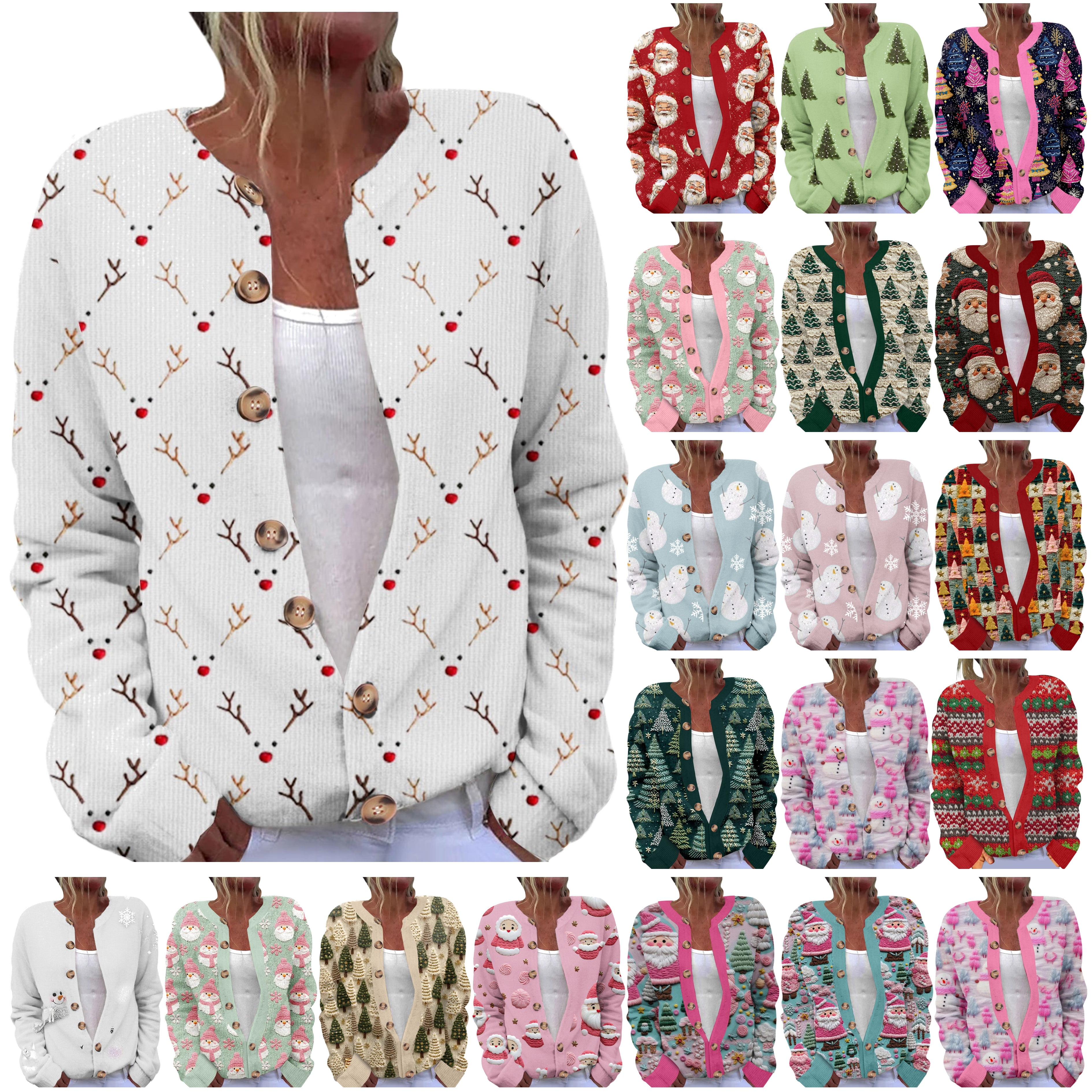 DDAPJ pyju Christmas Sweaters for Women Funny Xmas Tree Print Button Up ...