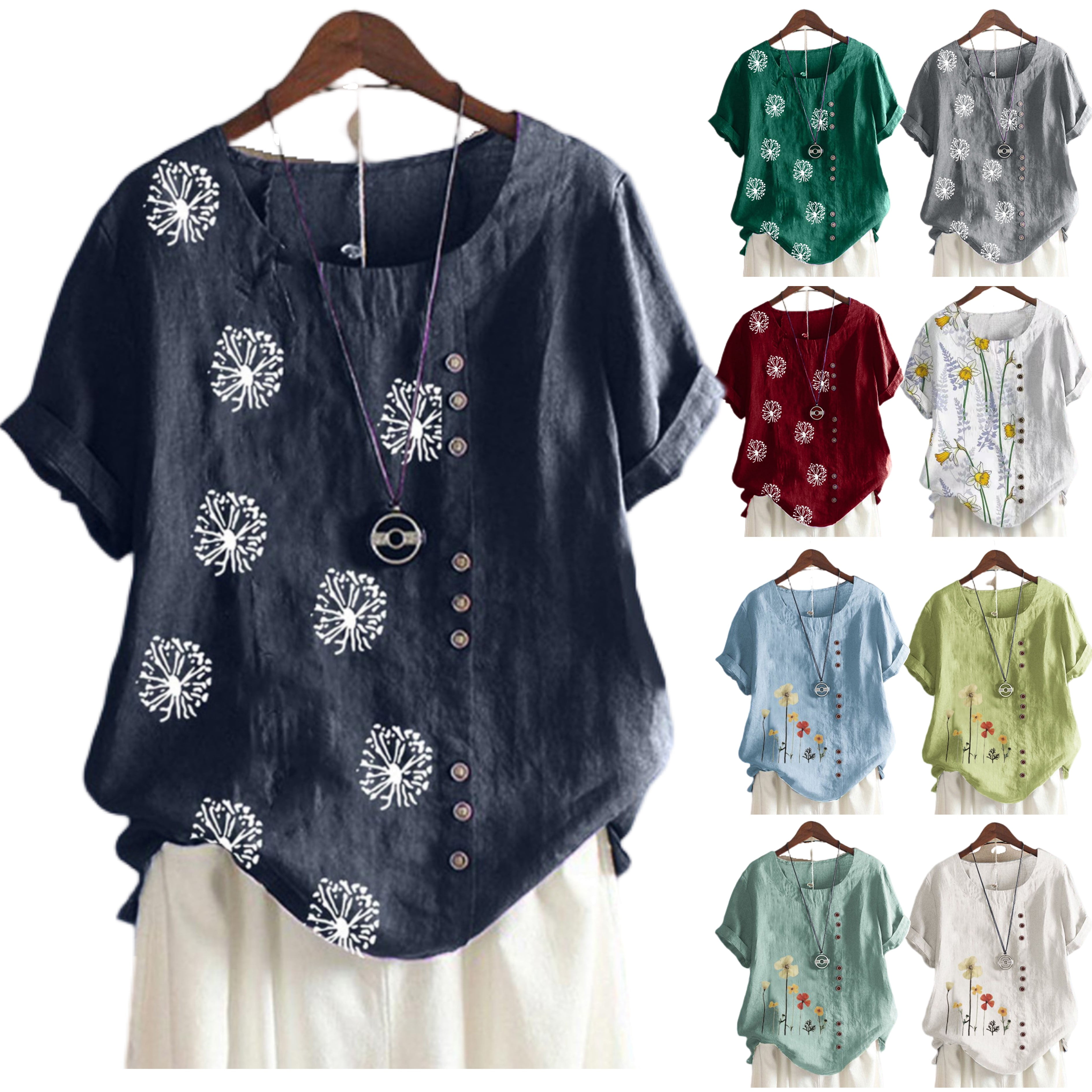 DDAPJ pyju Cotton Linen Plus Size Tops for Women Short Sleeve Buttons ...