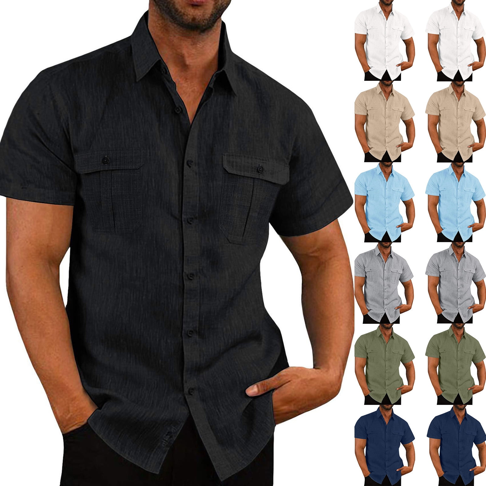 DDAPJ pyju Cotton Linen Shirts for Men Short Sleeve Casual Button Down ...