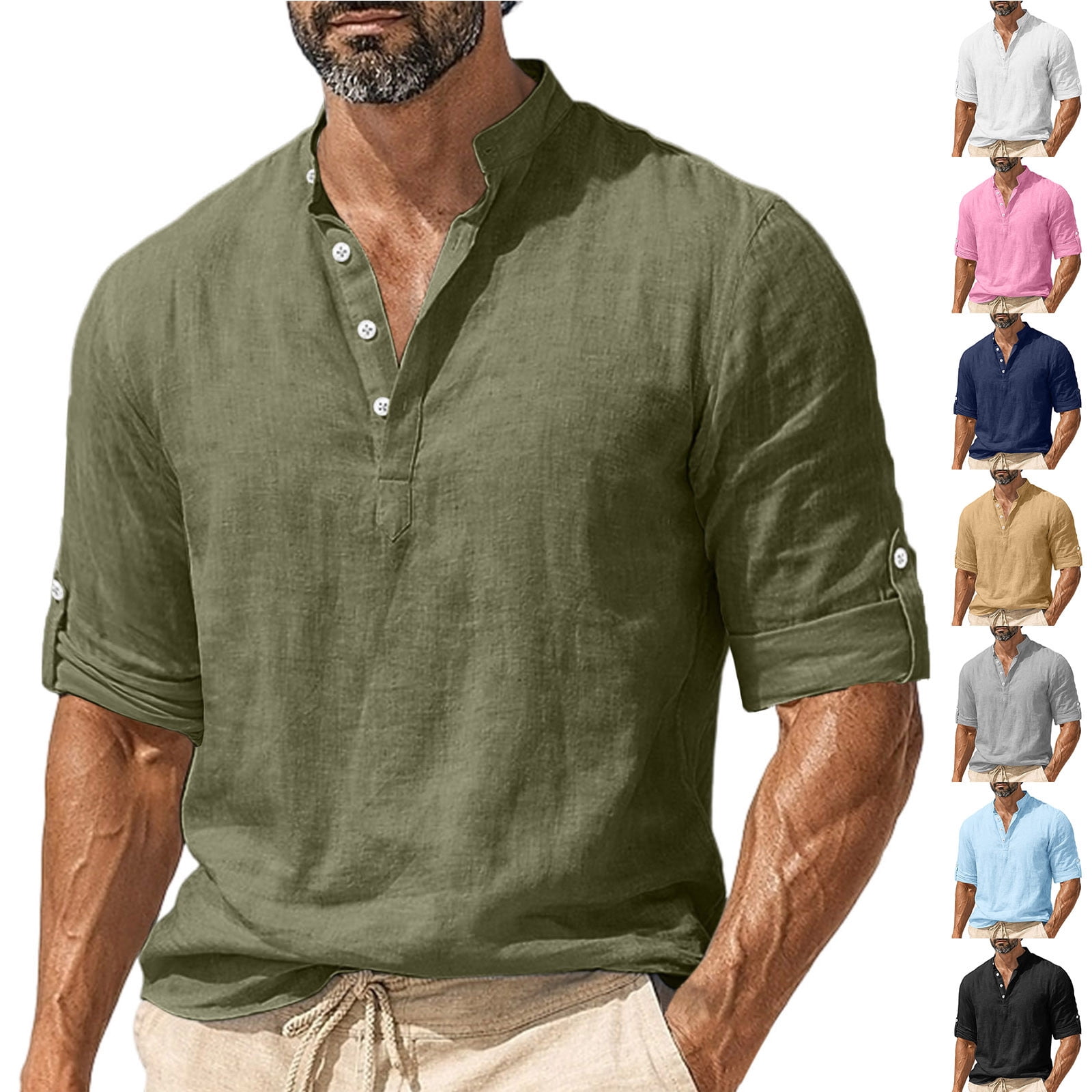 DDAPJ pyju Cotton Linen Tops for Men Rolled Up 3/4 Sleeve Henley Shirt ...