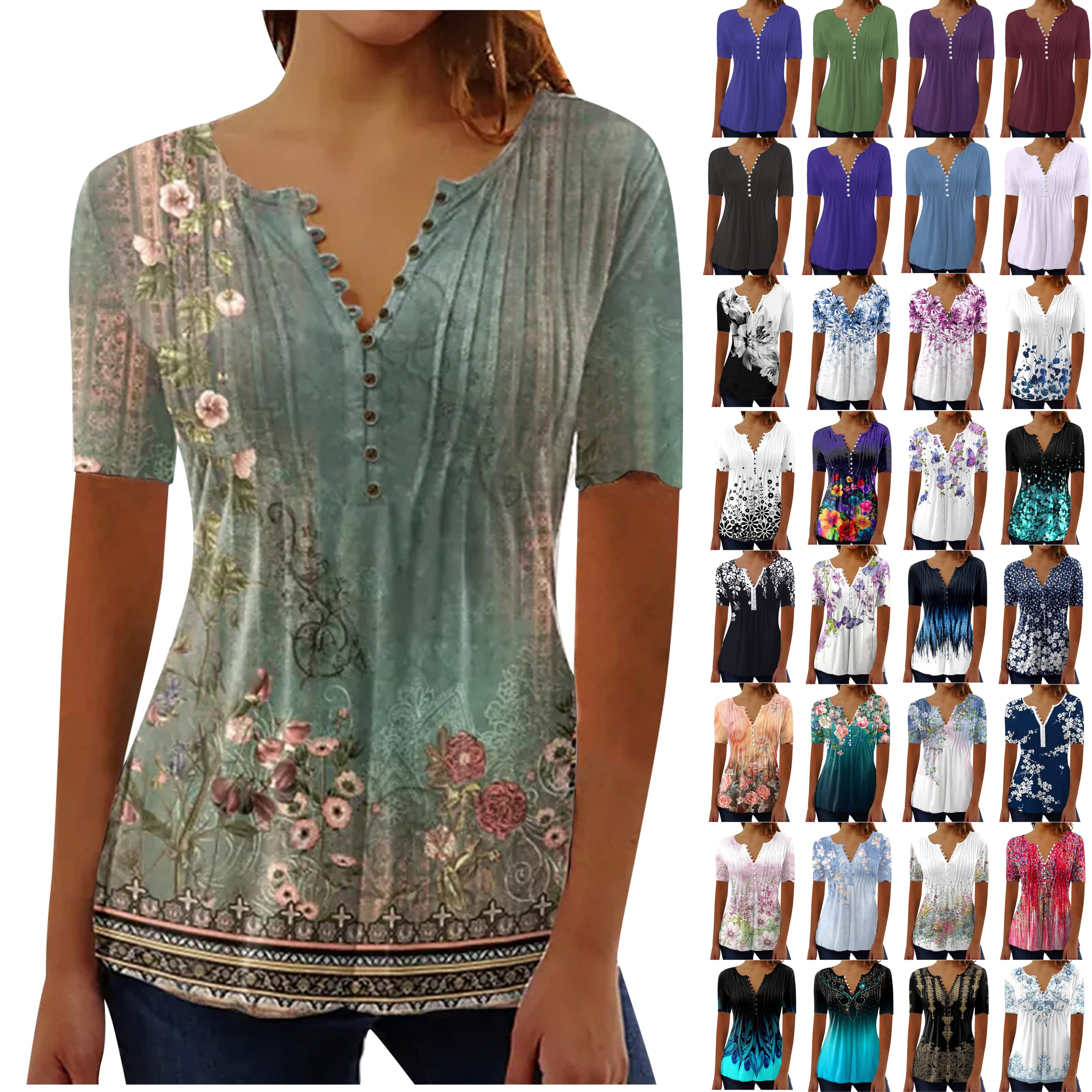 DDAPJ pyju Dressy Blouses for Women Pleated Short Sleeve Tunic Tops ...