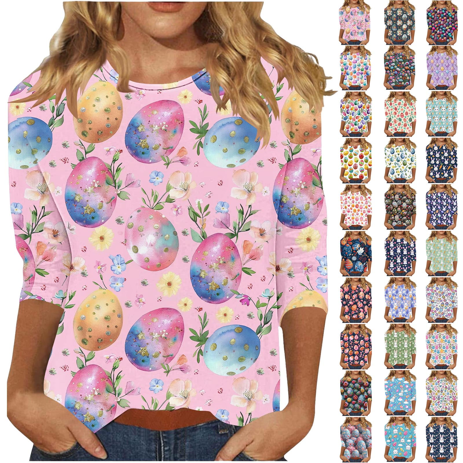 DDAPJ pyju Easter Shirts for Women Spring 3/4 Sleeve Crewneck Eggs ...