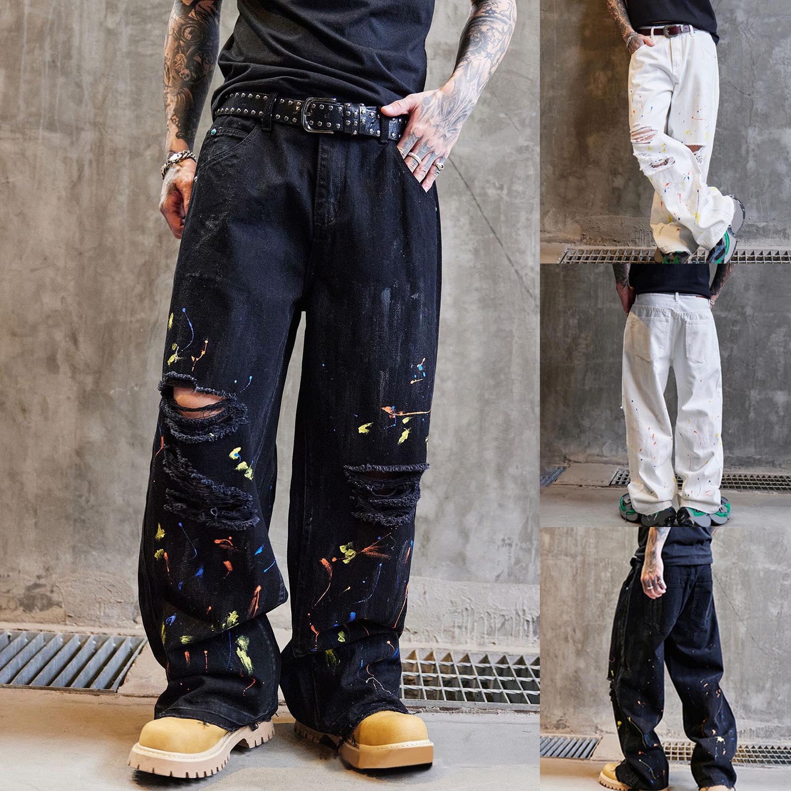 DDAPJ pyju Father's Day Gifts Men's Baggy Hip Hop Jeans Wide Leg Skater ...
