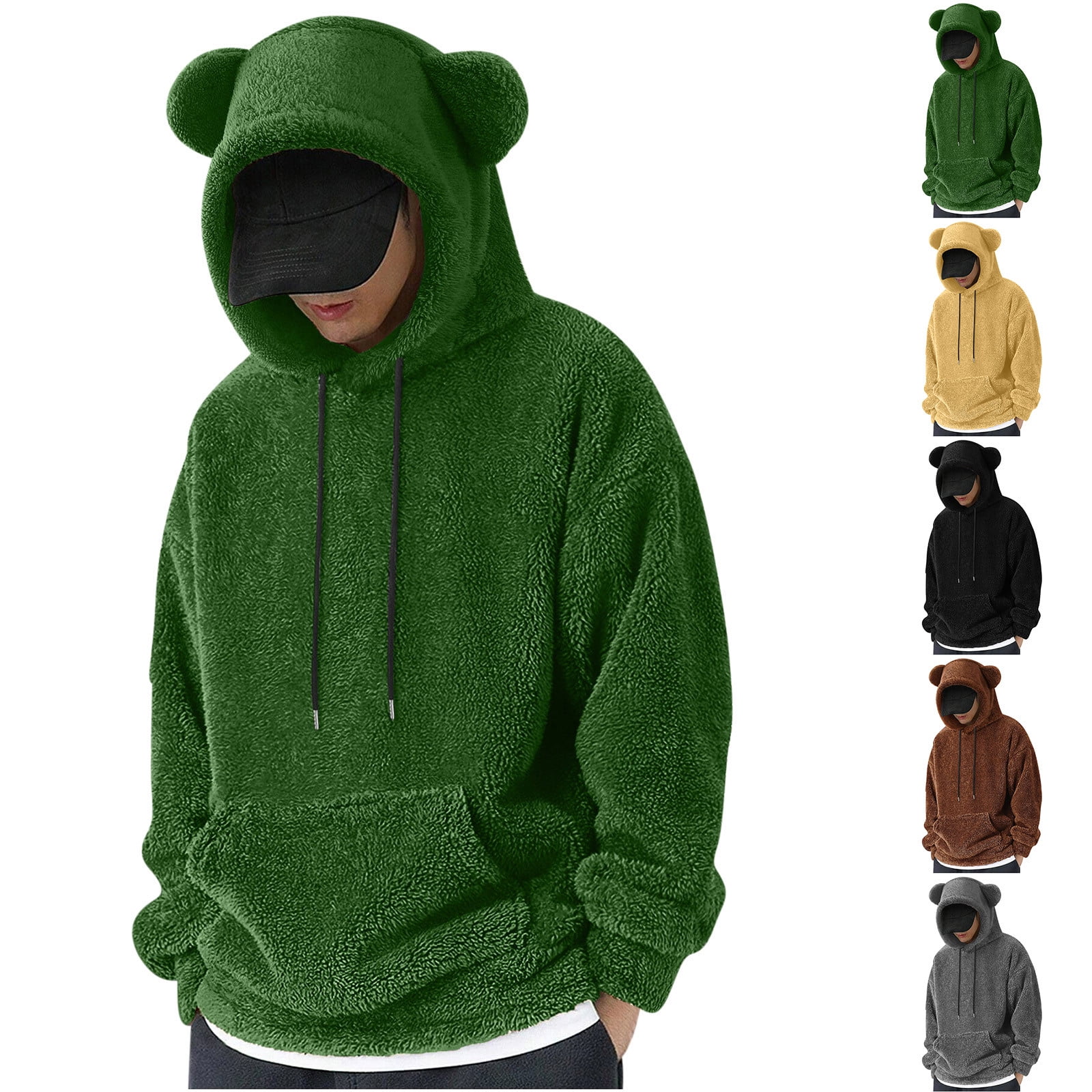 DDAPJ pyju Fuzzy Fleece Hoodies for Men Beer Ear Hooded Sweatshirt Long Sleeve Drawstring ...