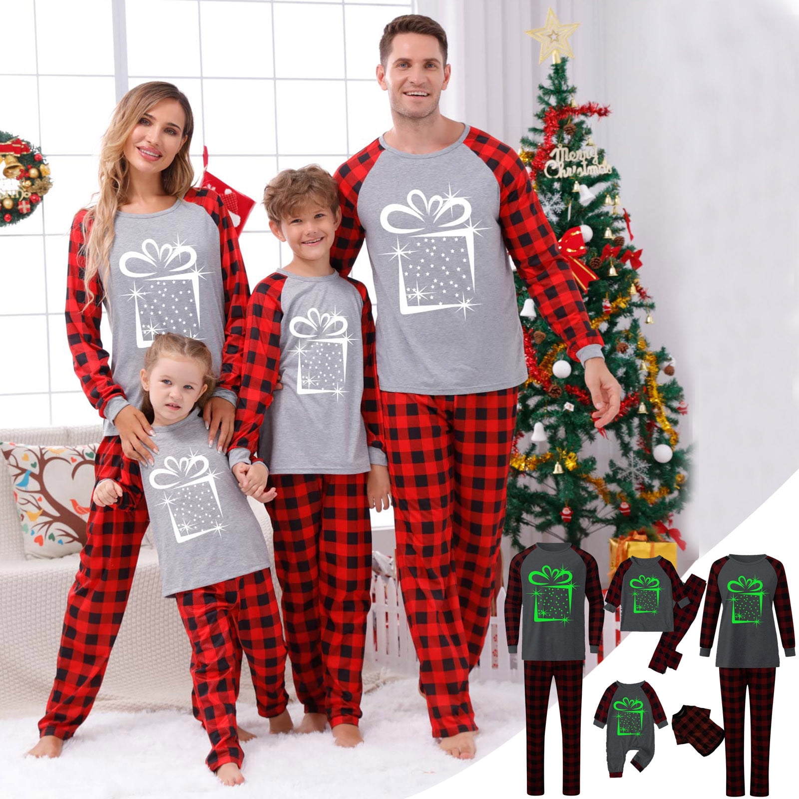 DDAPJ pyju Glow In The Dark Christmas Pajamas for Family 2023, Cartoon Print Pjs Matching Sets ...