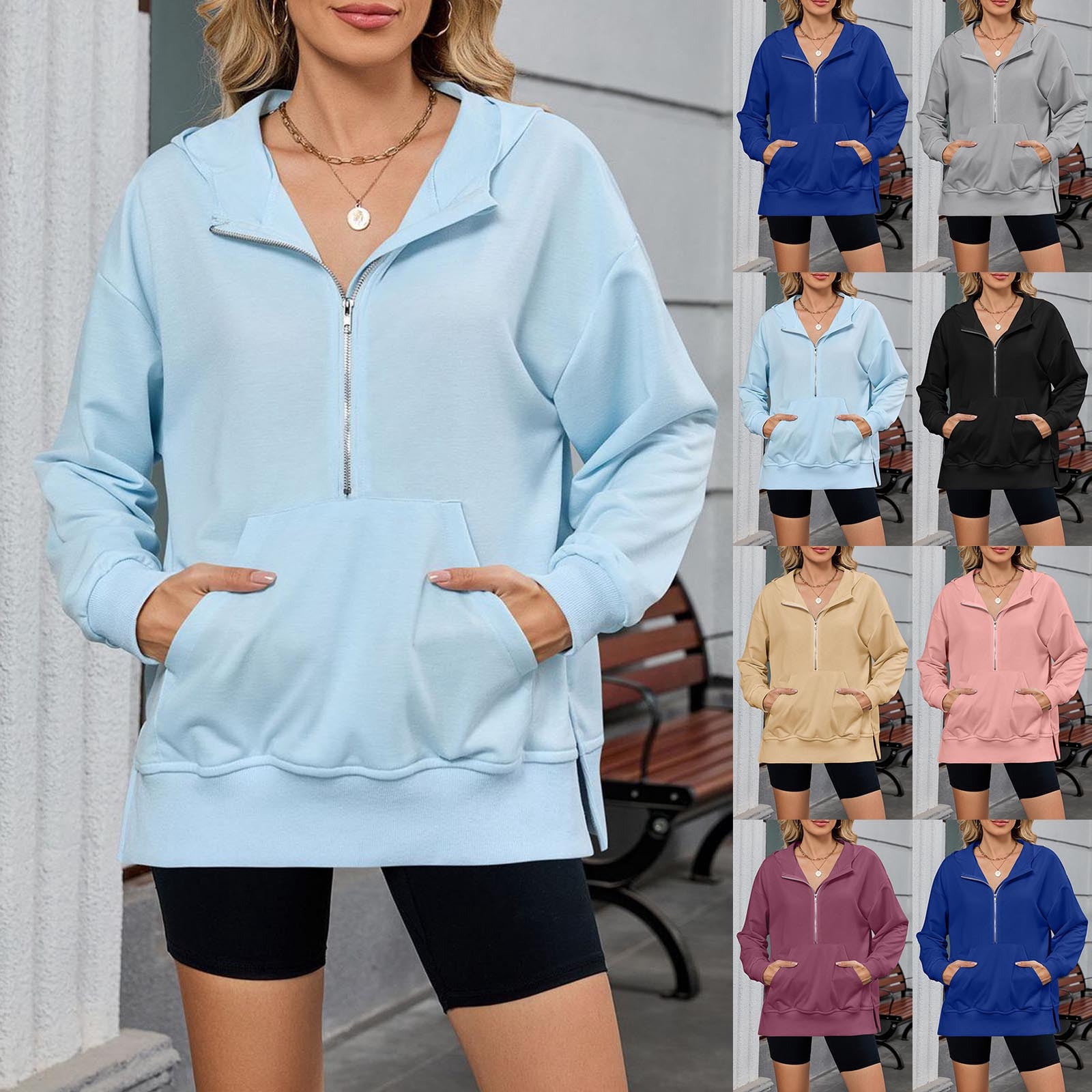 DDAPJ pyju Half Zip Hoodie for Women Side Slit Long Sleeve Pullover ...