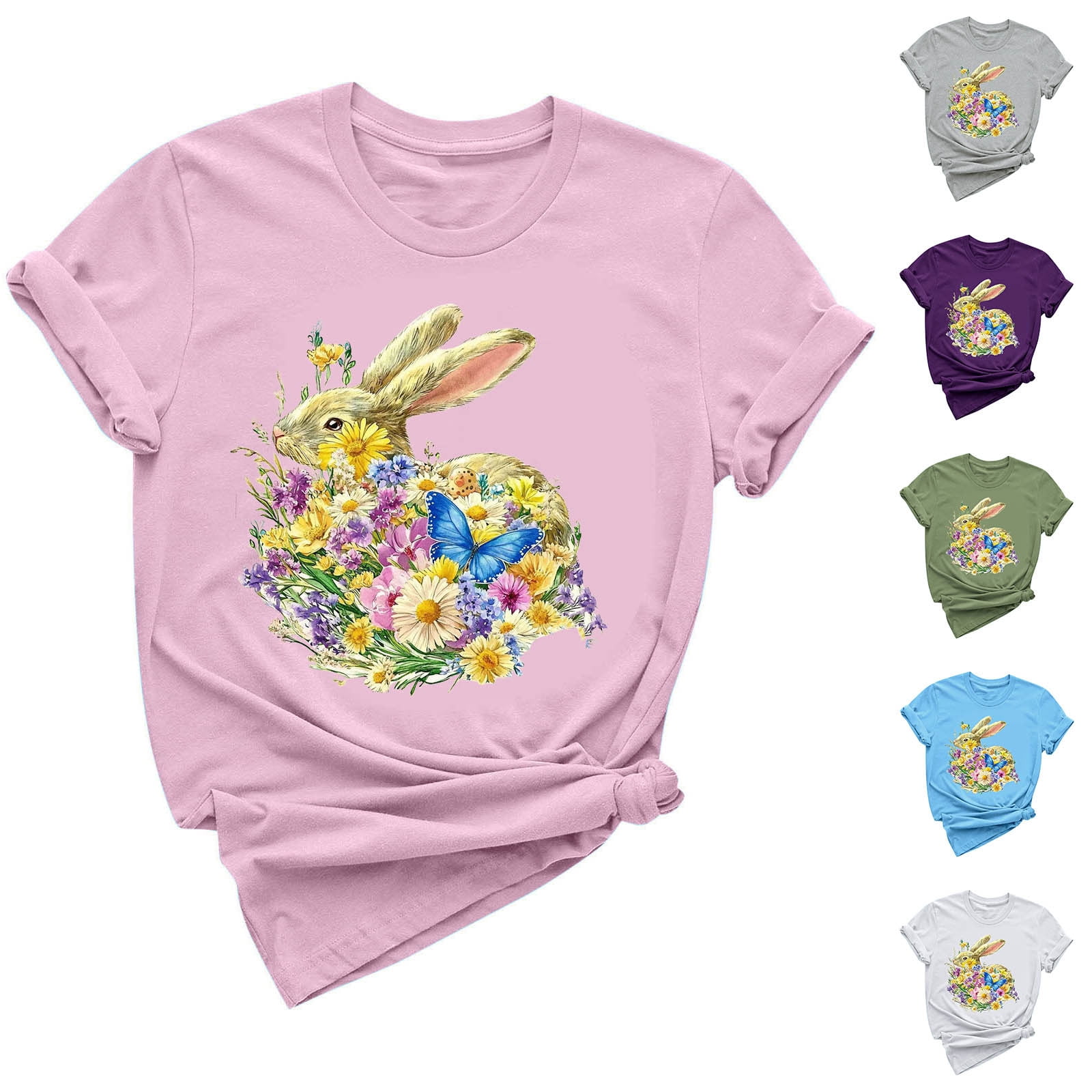 DDAPJ pyju Leopard Easter Bunny T-Shirt for Women Floral Striped Rabbit ...