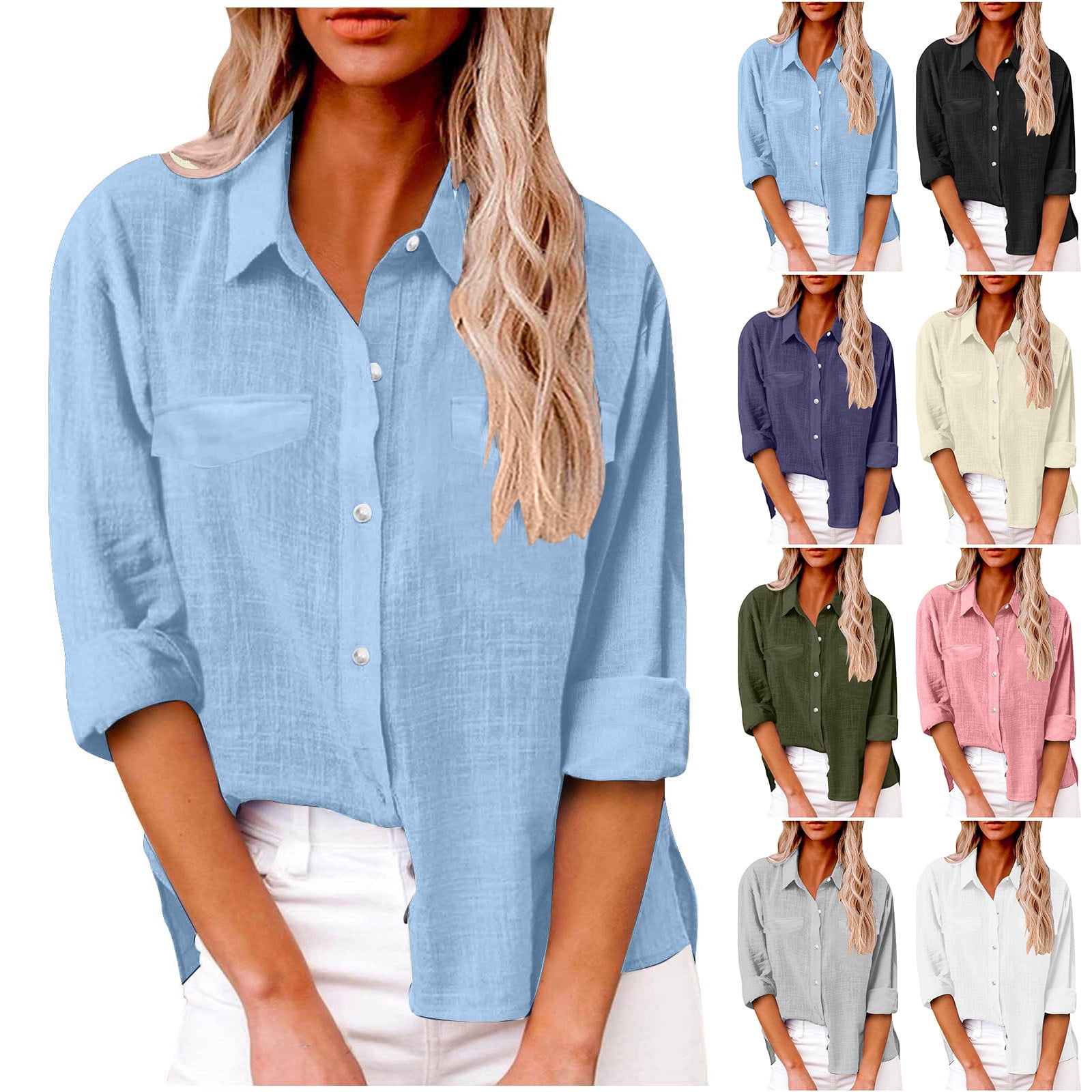DDAPJ pyju Linen Button Down Shirts for Women Cotton Gauze Tops Roll Up Long Sleeve Casual ...