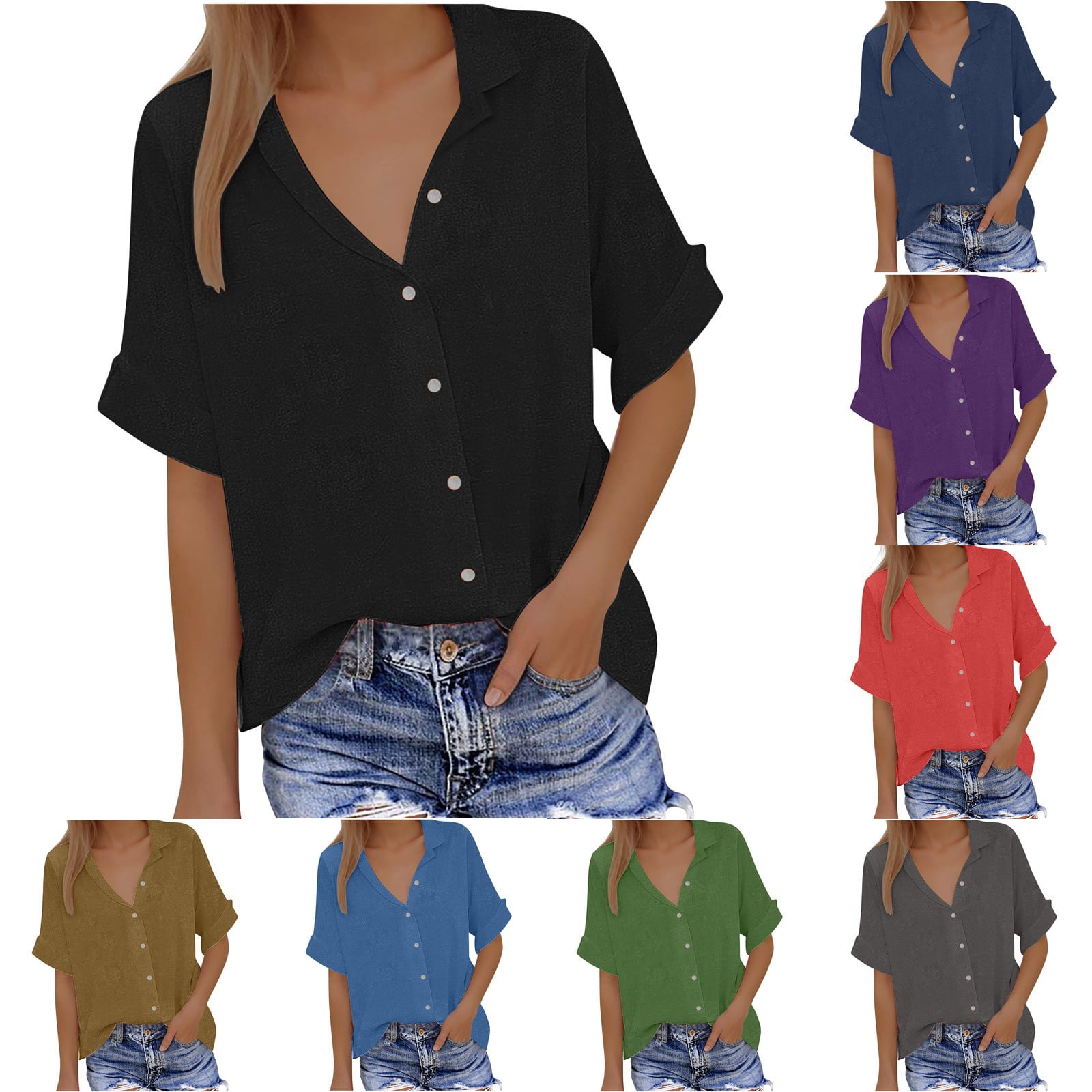 DDAPJ pyju Linen Shirts for Women Button Up Short Sleeve Blouses ...