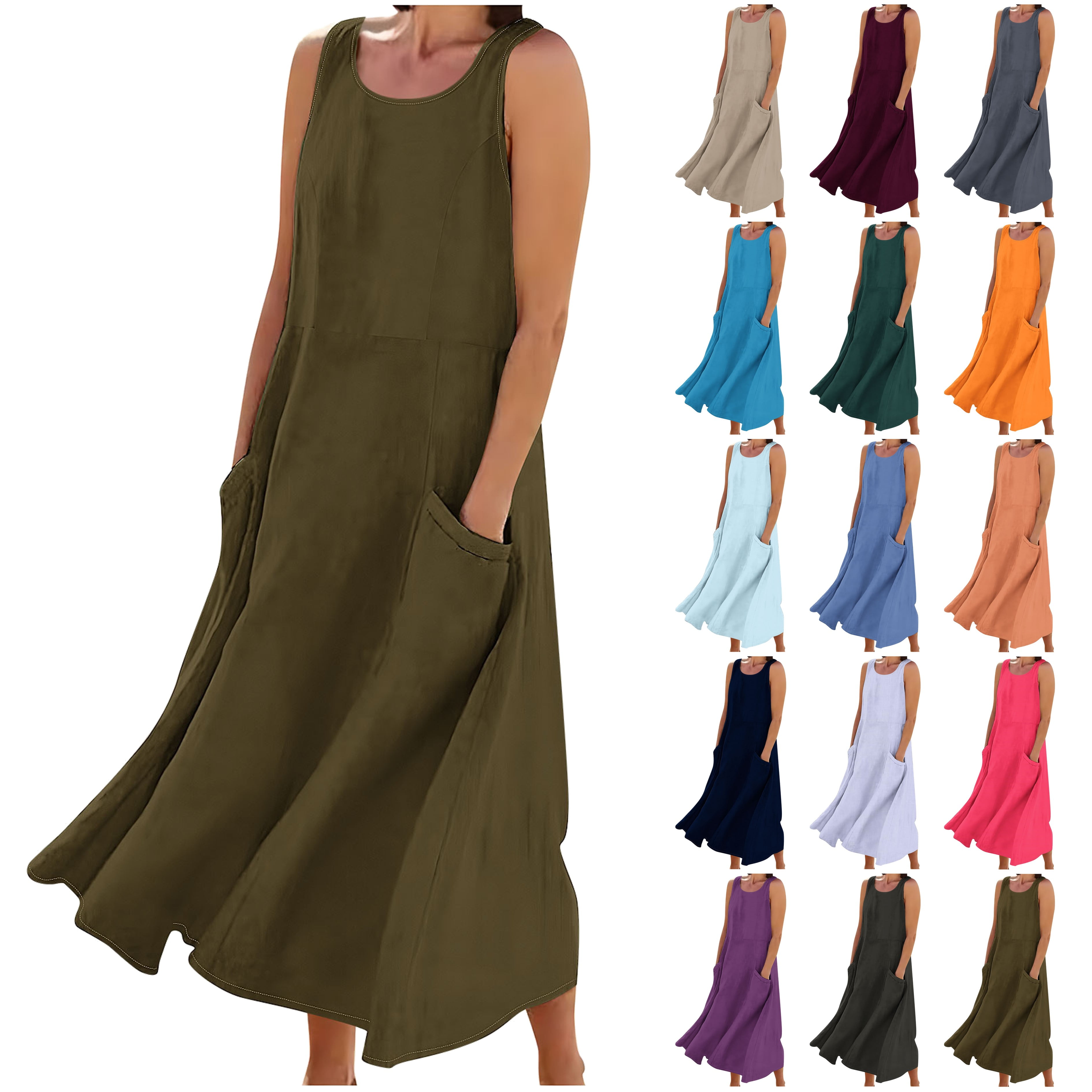 DDAPJ pyju Linen Sundresses for Women Casual Beach Dress Sleeveless ...