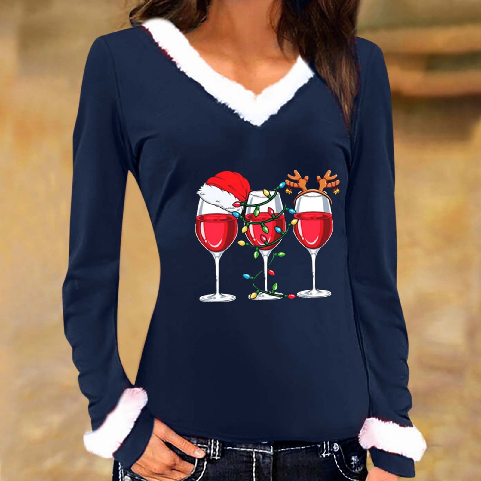 Ddapj Pyju Long Sleeve Christmas Shirts For Women V Neck Plush Collar