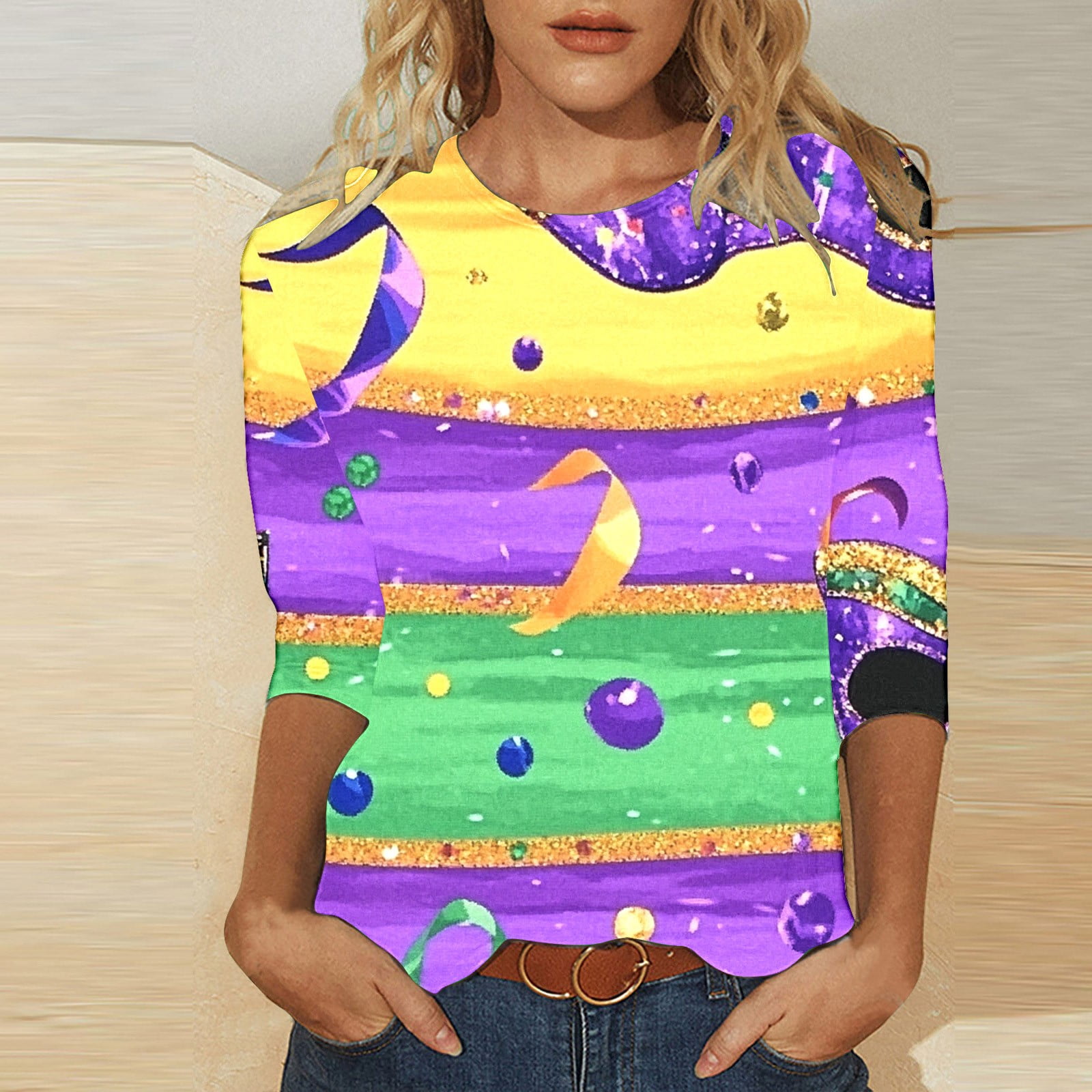 DDAPJ pyju Mardi Gras Shirt for Women 3/4 Length Sleeve Crewneck ...