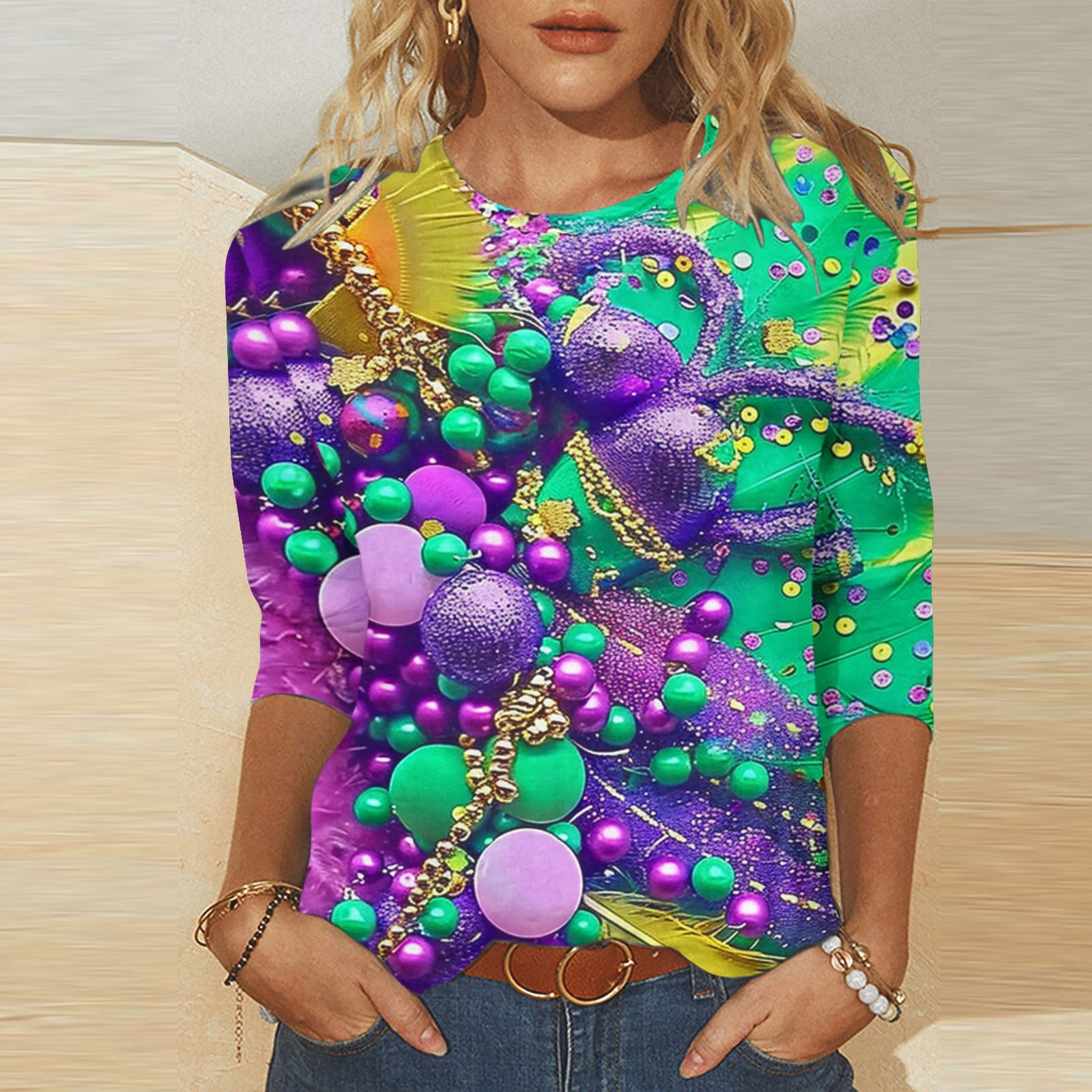 DDAPJ pyju Mardi Gras Shirt for Women 3/4 Length Sleeve Crewneck ...