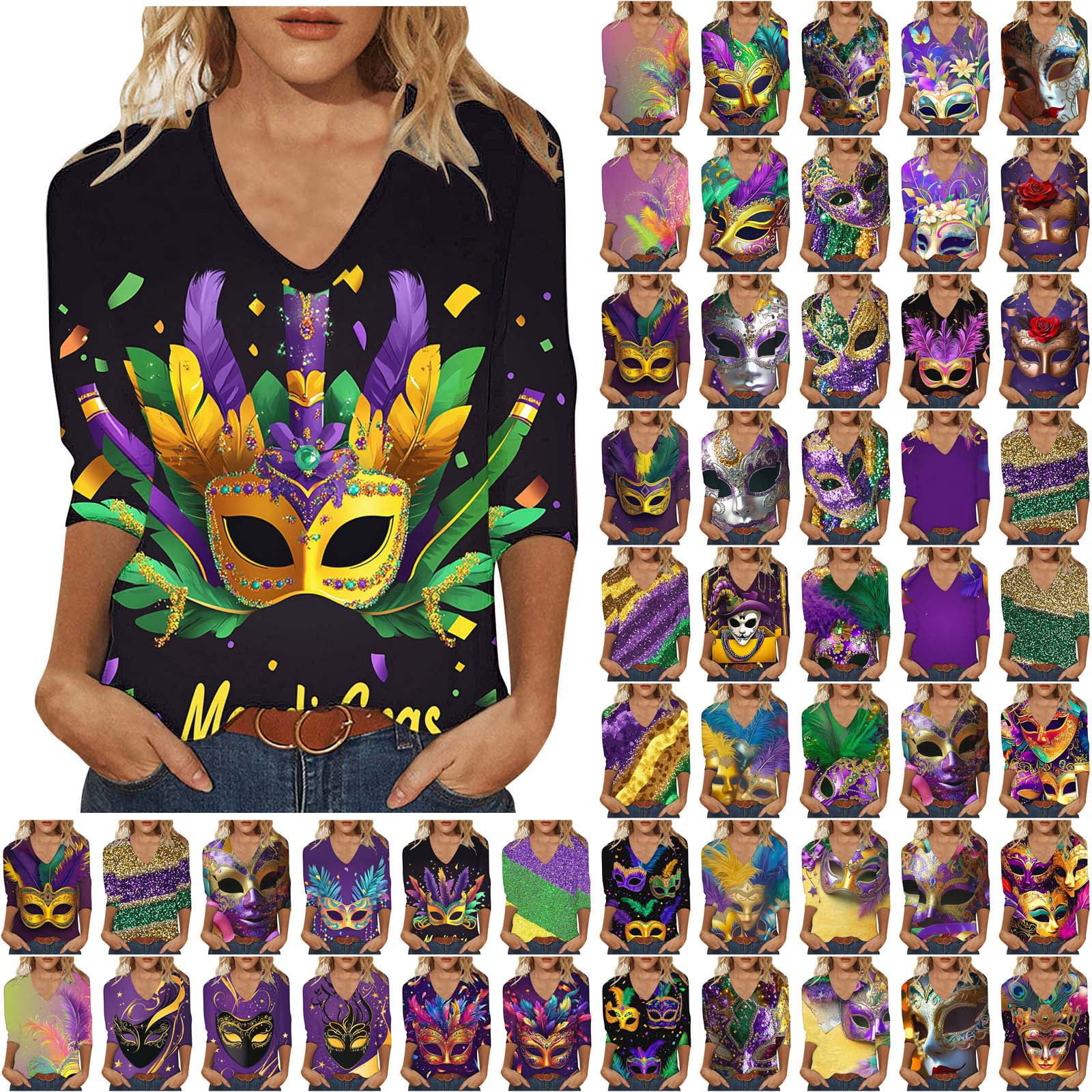 DDAPJ pyju Mardi Gras Shirts for Women 3/4 Sleeve Carnival Outfits ...