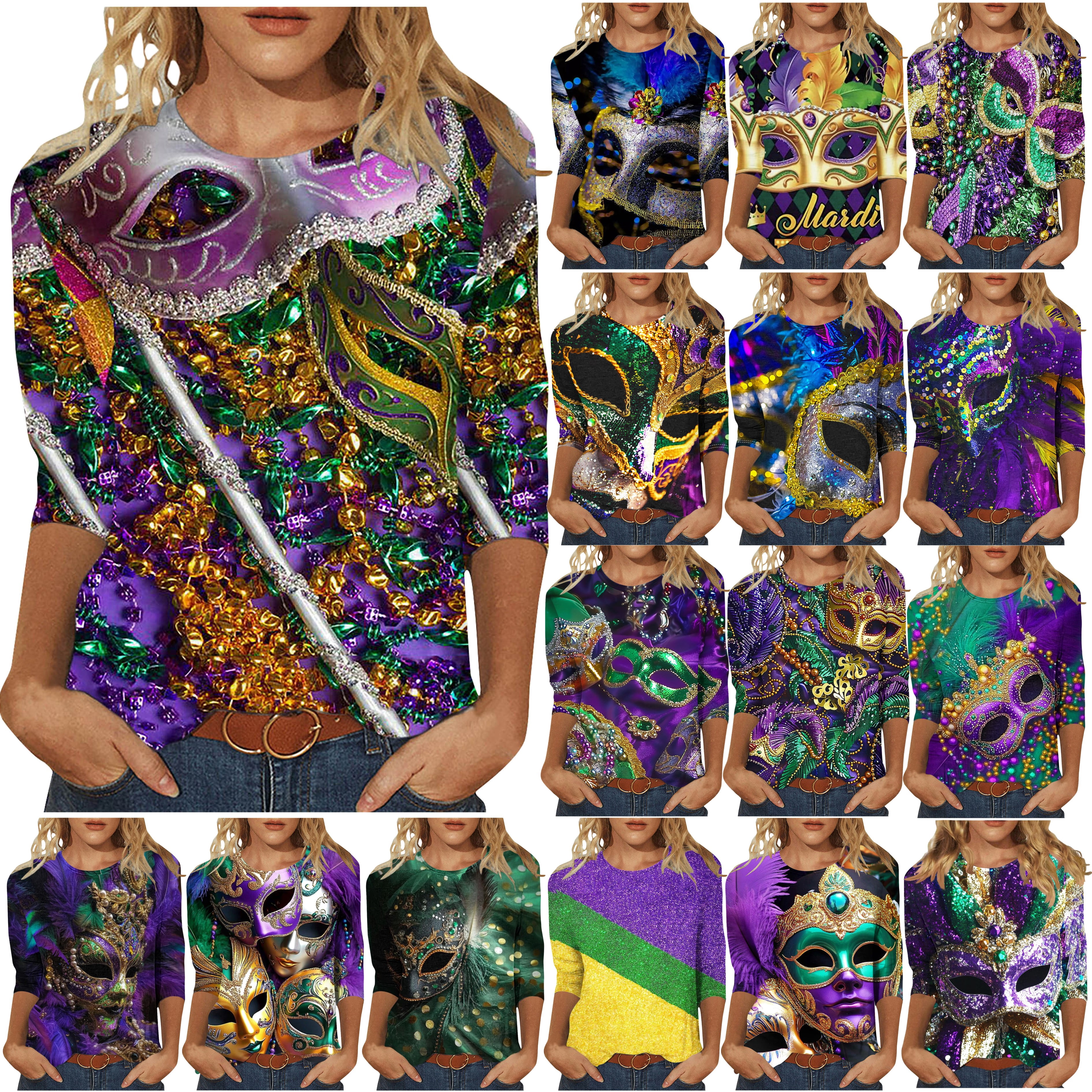 DDAPJ pyju Mardi Gras Shirts for Women 3/4 Sleeve Round Neck Blouses ...