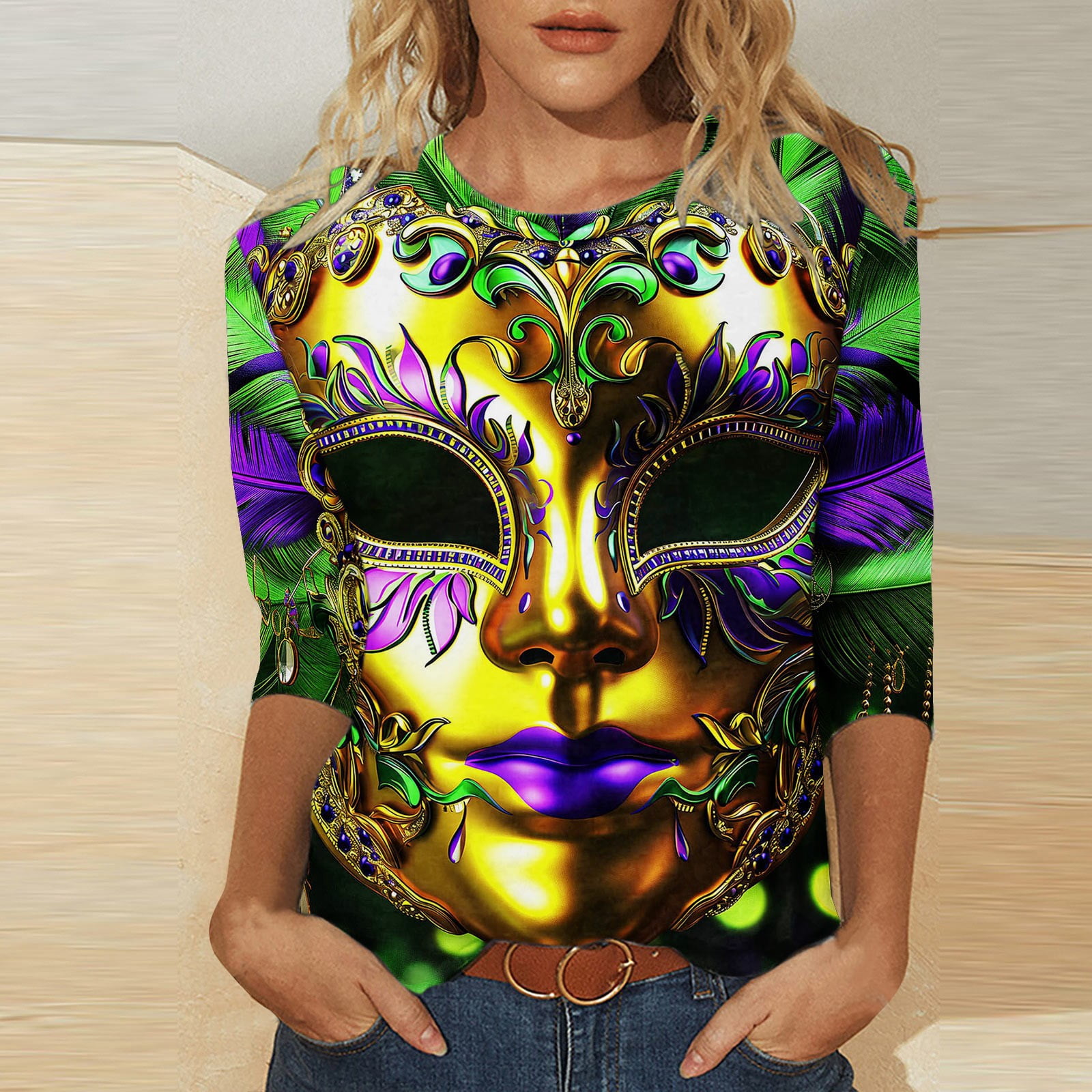 DDAPJ pyju Mask Graphic Tees for Women Mardi Gras 3/4 Sleeve Shirts ...