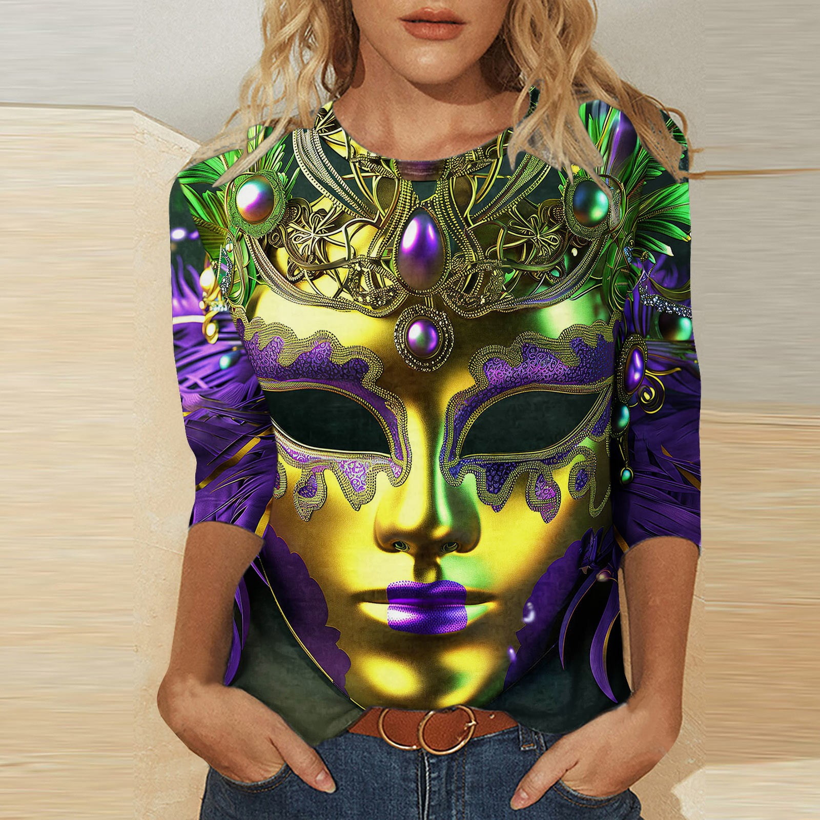 DDAPJ pyju Mask Graphic Tees for Women Mardi Gras 3/4 Sleeve Shirts ...